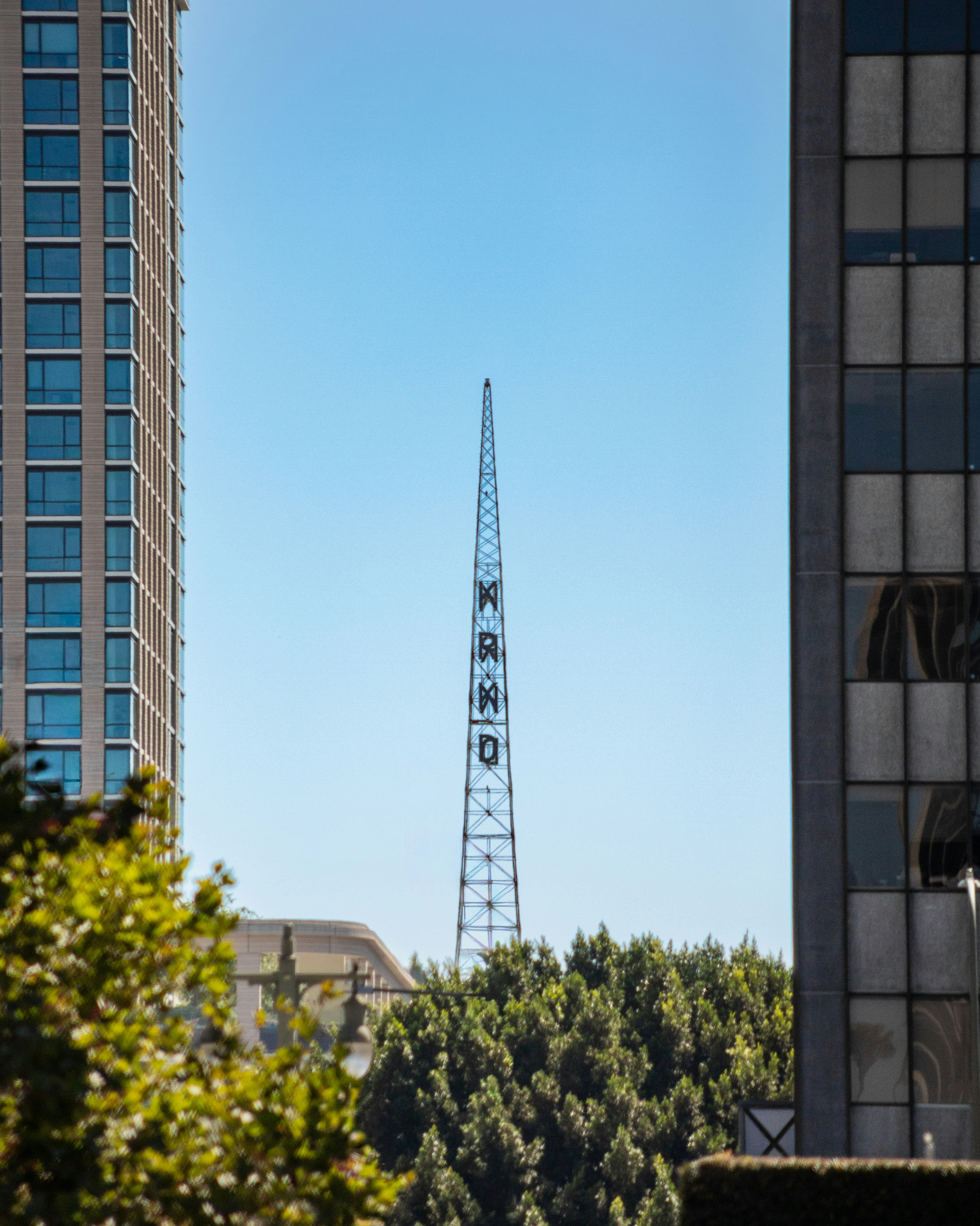 Urban Needle: A Clear Sky Framed by Skyscrapers