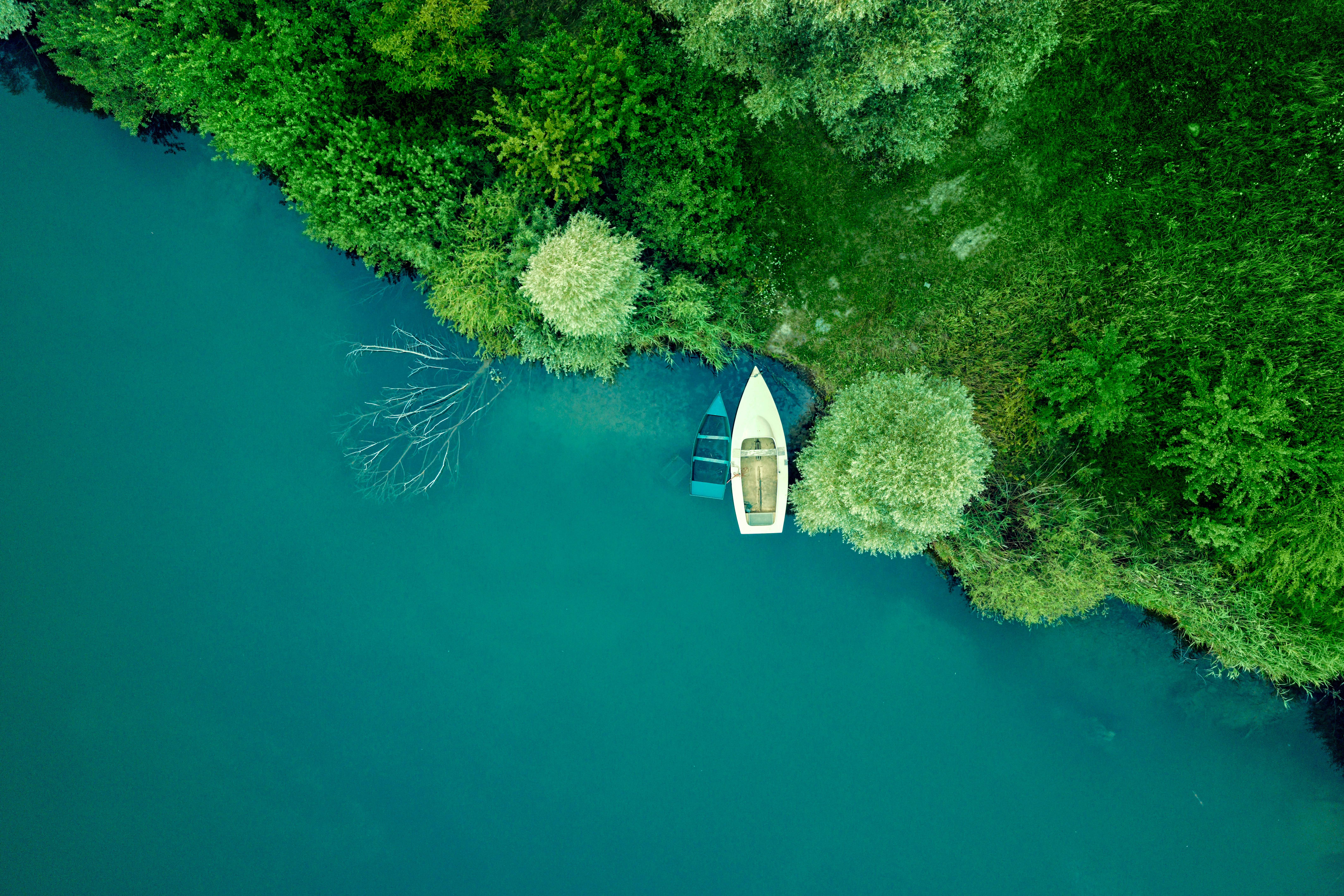 A lone boat at the edge of turquoise waters, tucked within a verdant shoreline