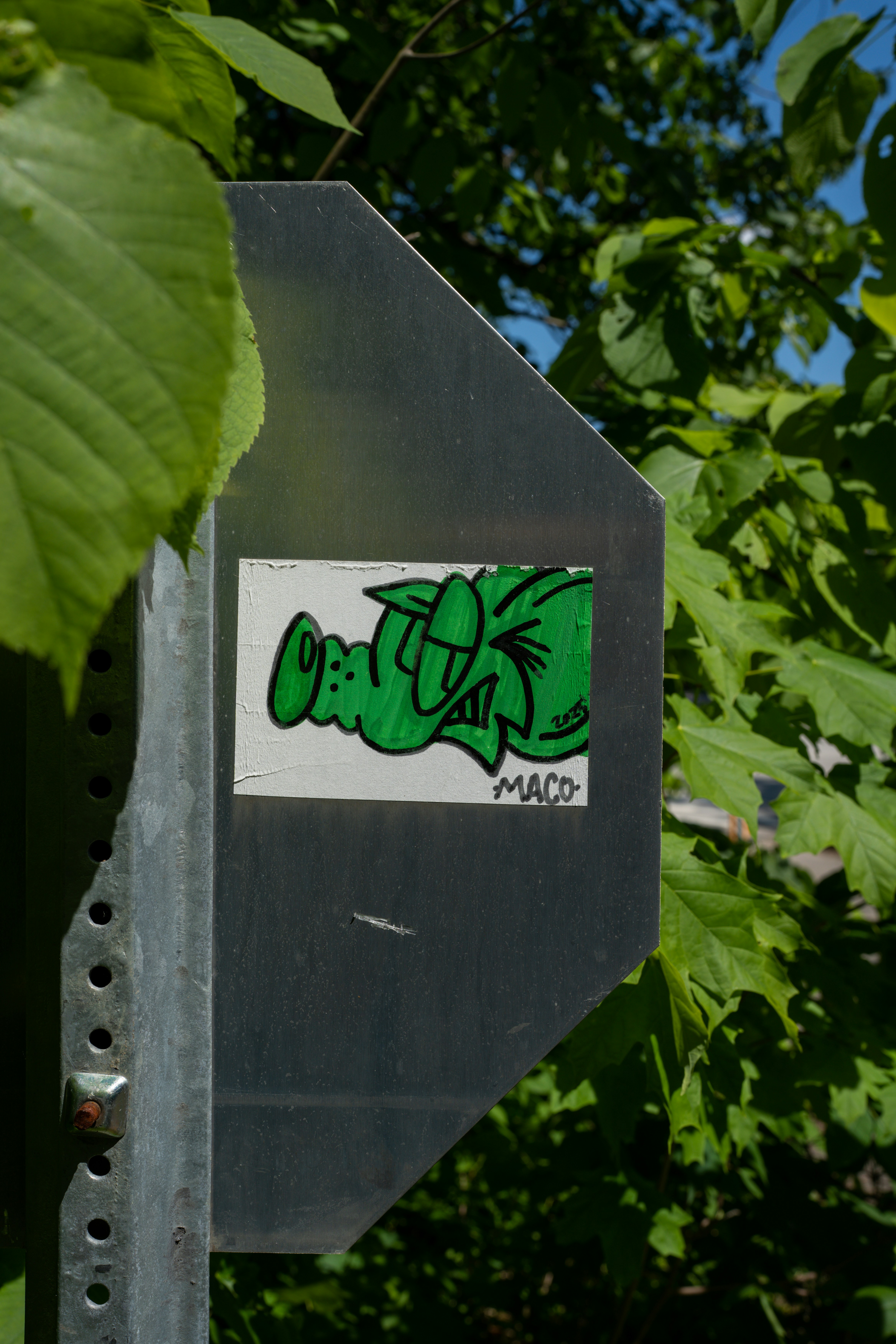 Close-up of a green graffiti sticker on a weathered metal target sign, framed by lush leaves and bright sky.