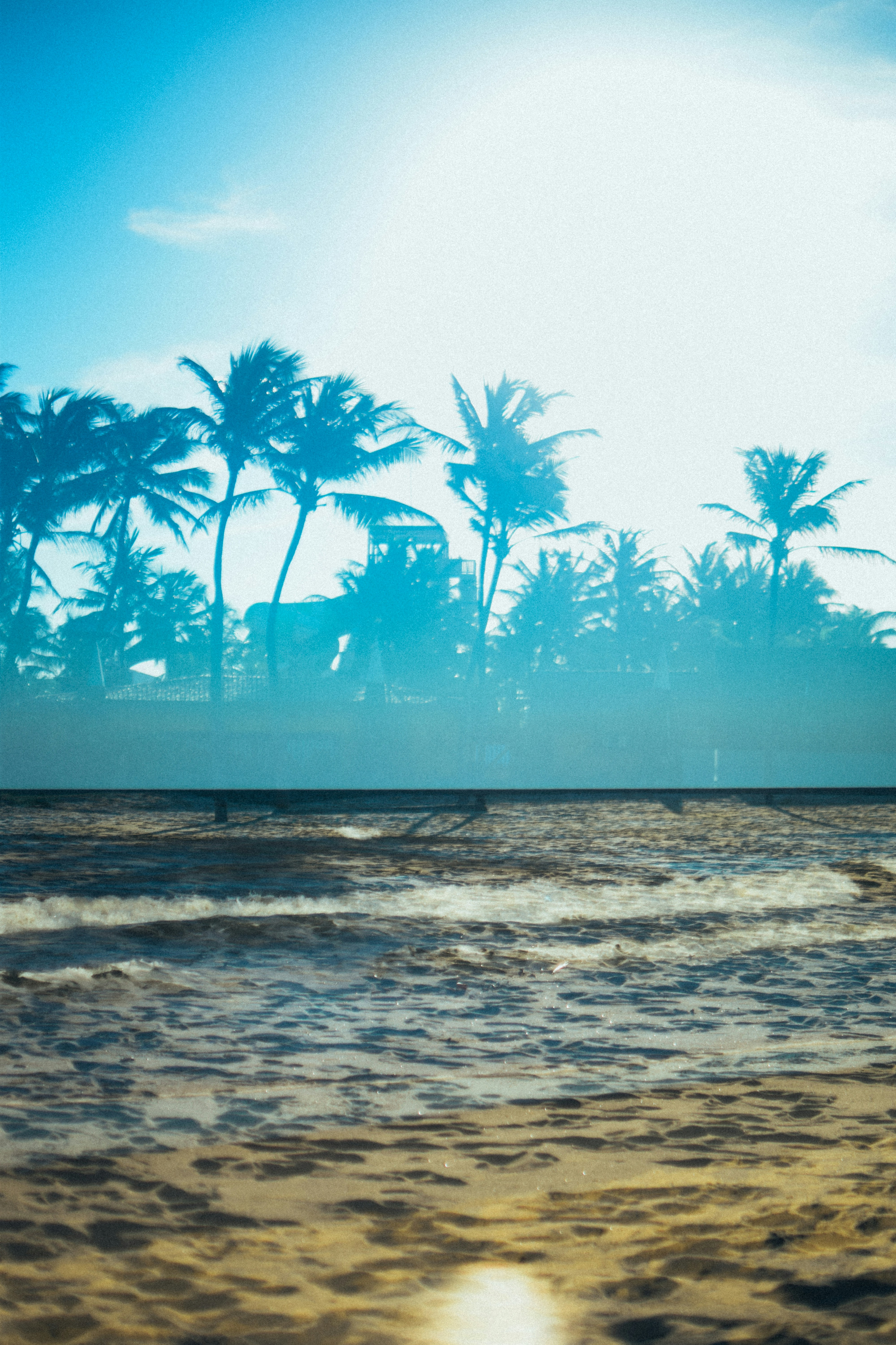 A Sunlit Shore Through a Cyan Haze