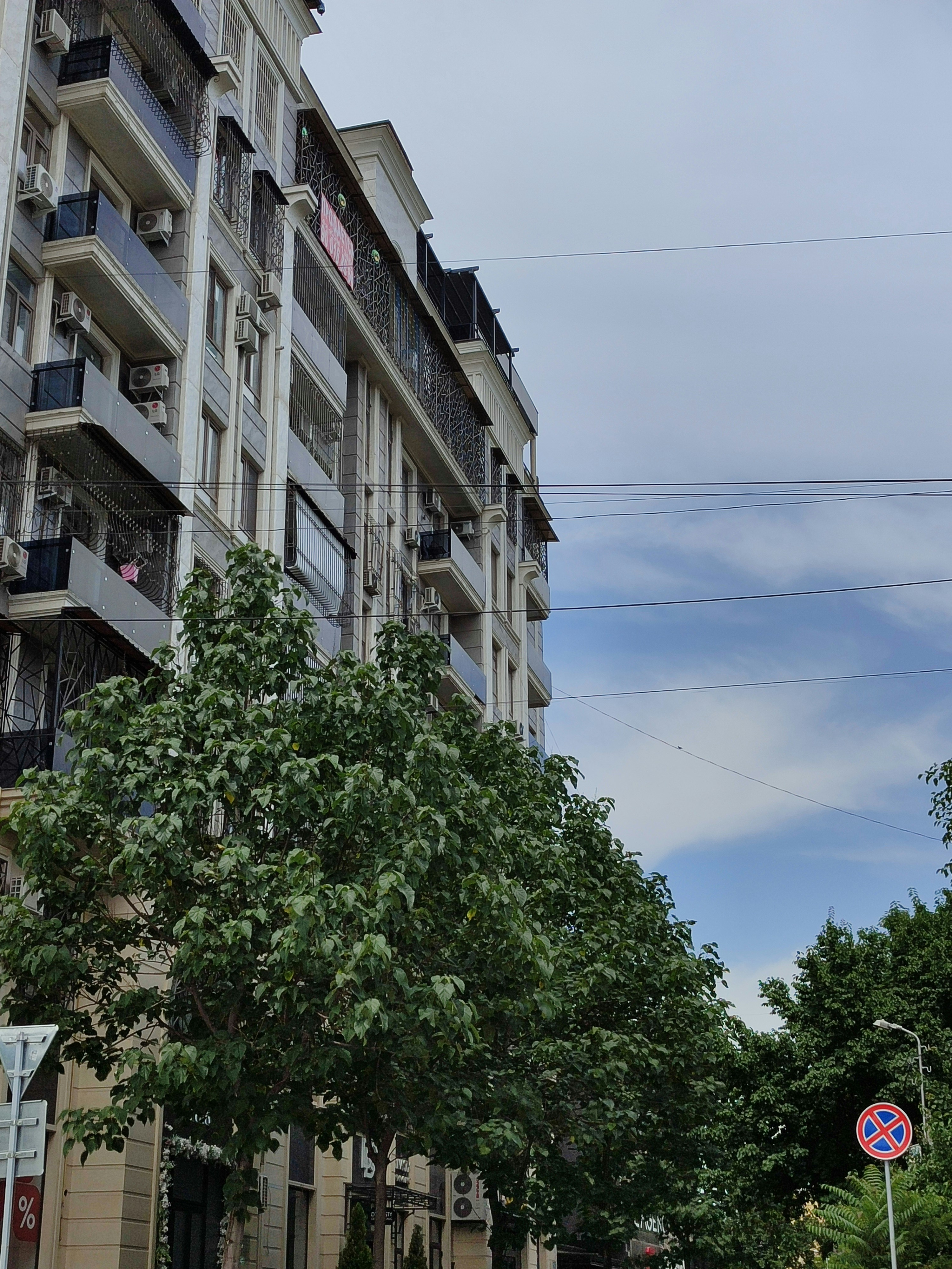 Multi-story residential building with balconies lines the street, tree in foreground, and clear blue sky above, capturing urban living and architectural detail.