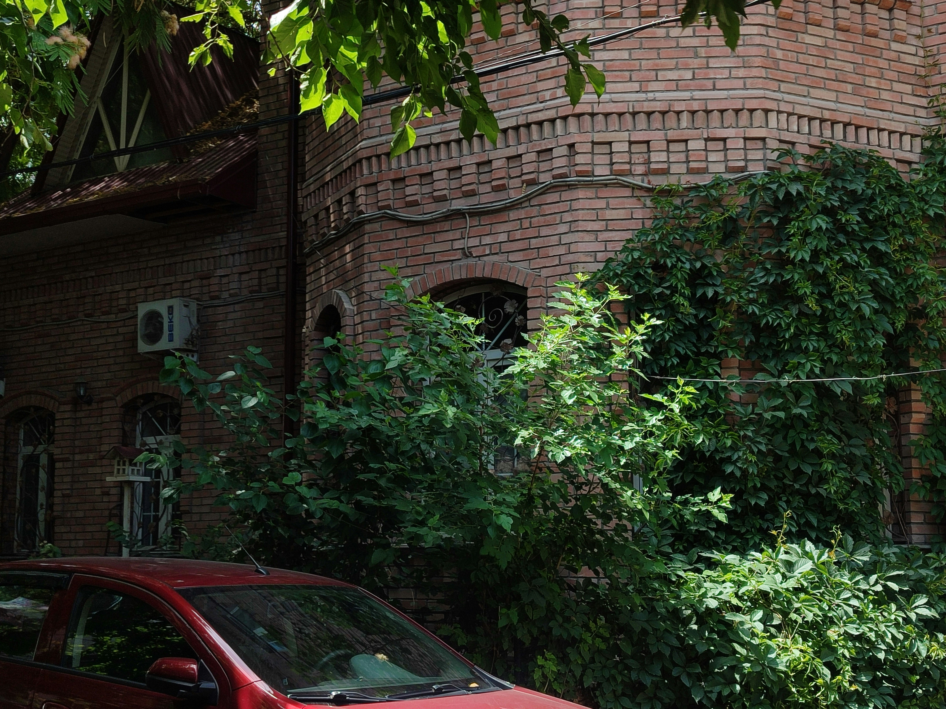 Brick building swallowed by greenery with a red car parked at the base, sunlit foliage foreground and a shaded window stack in the background.