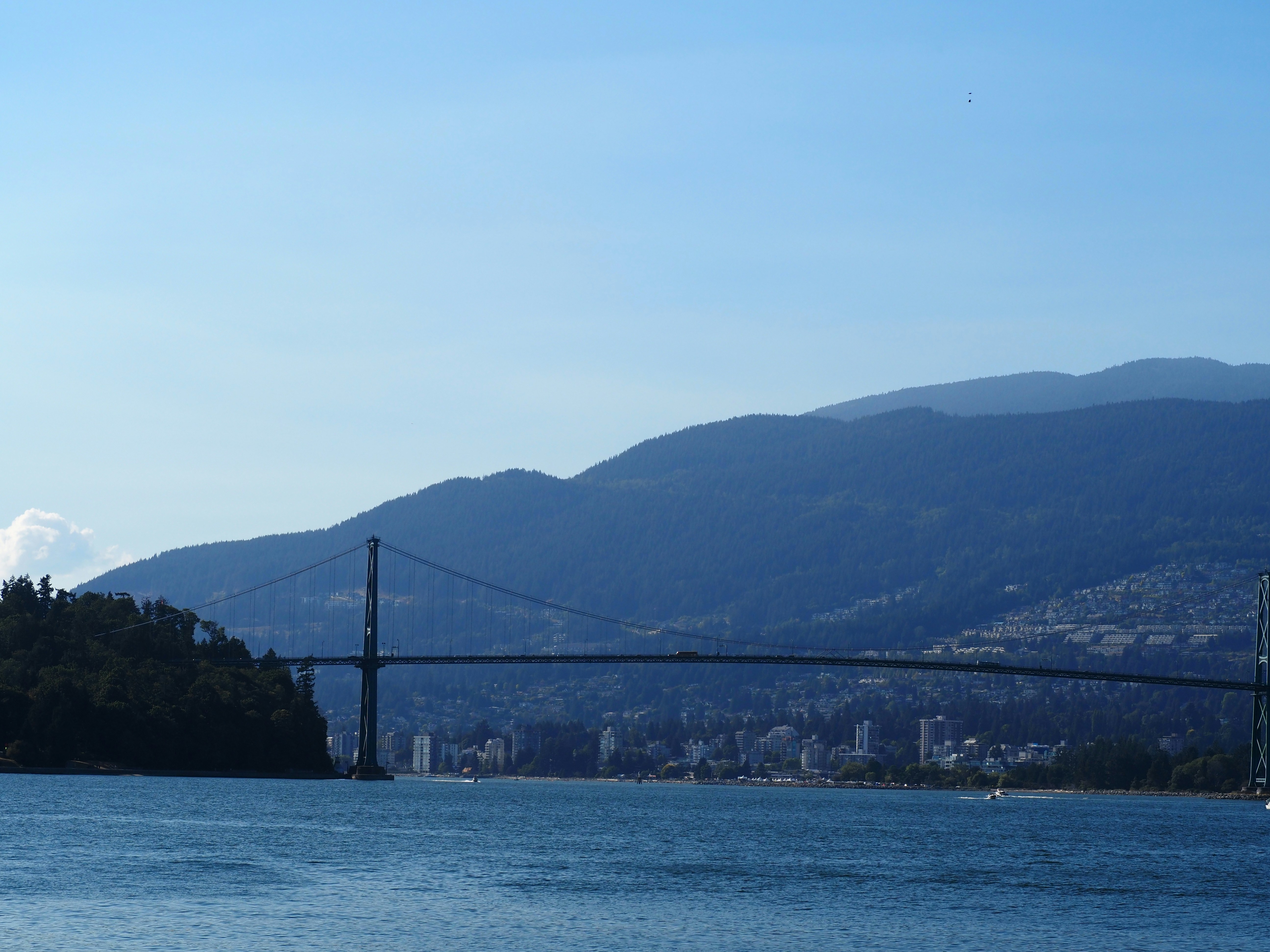 Bridge across the calm harbor with distant cityscape and hills