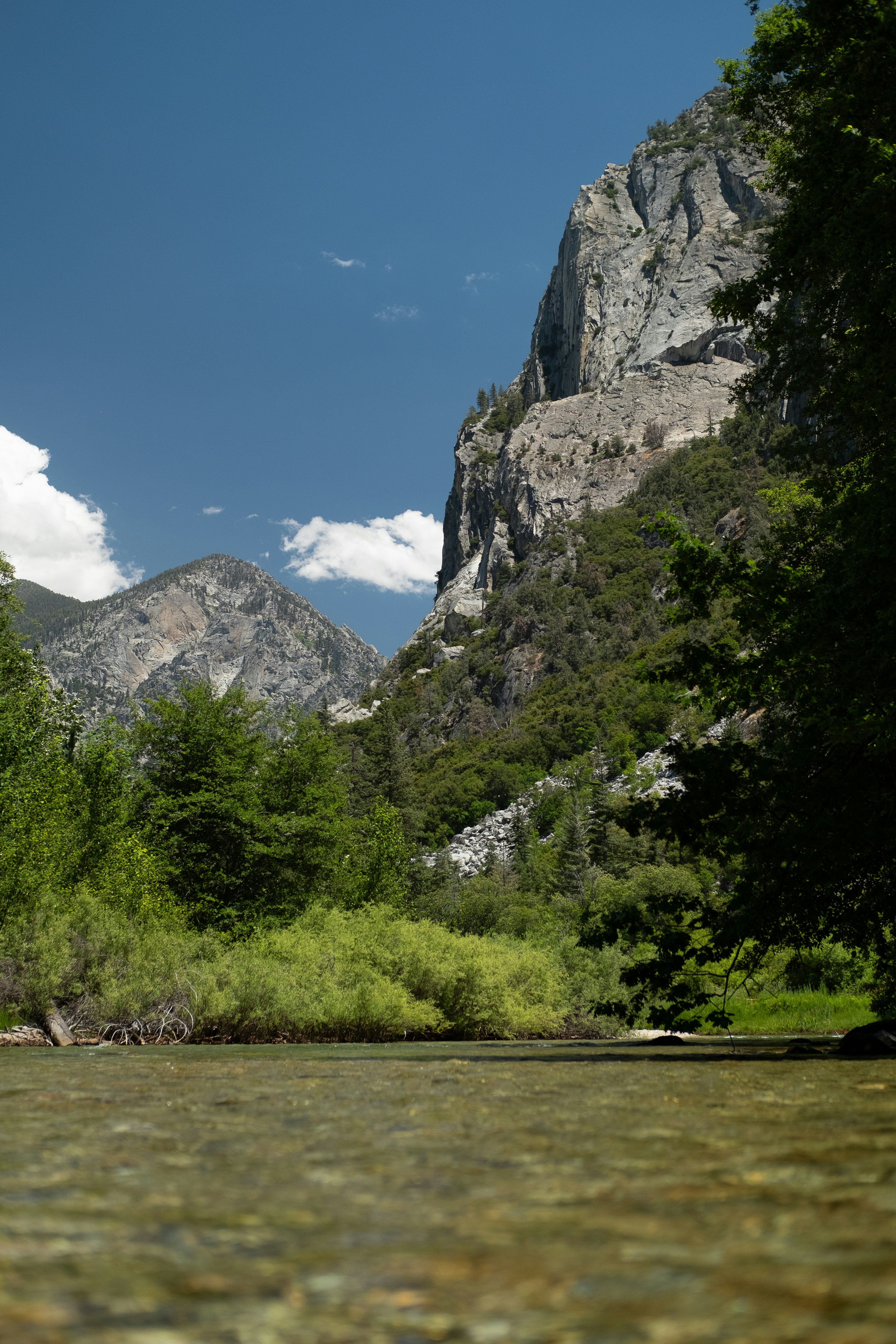 Riverside Sentinel: Granite Peaks Over verdant banks