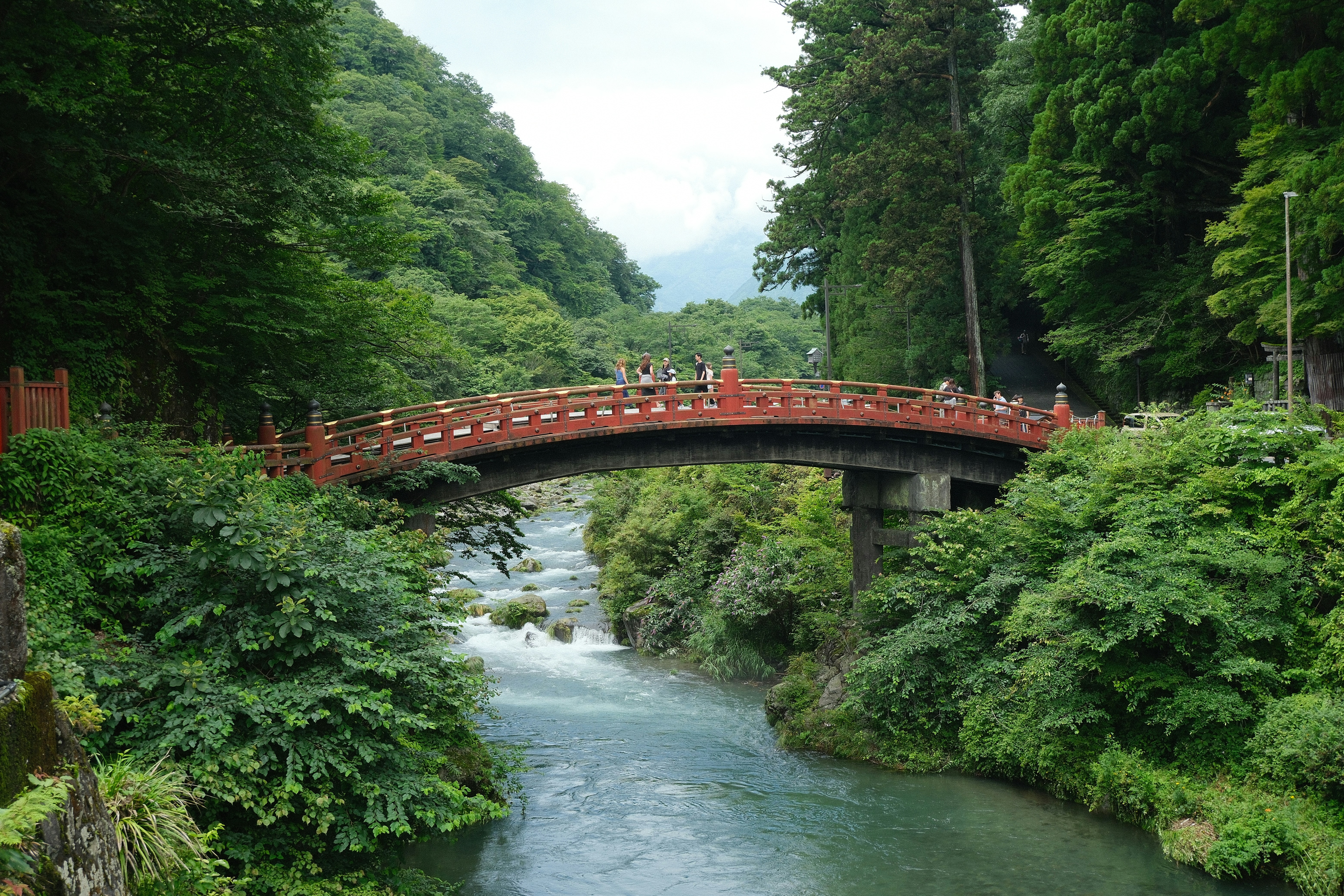 Red-arched Bridge Over a Verdant Gorge
