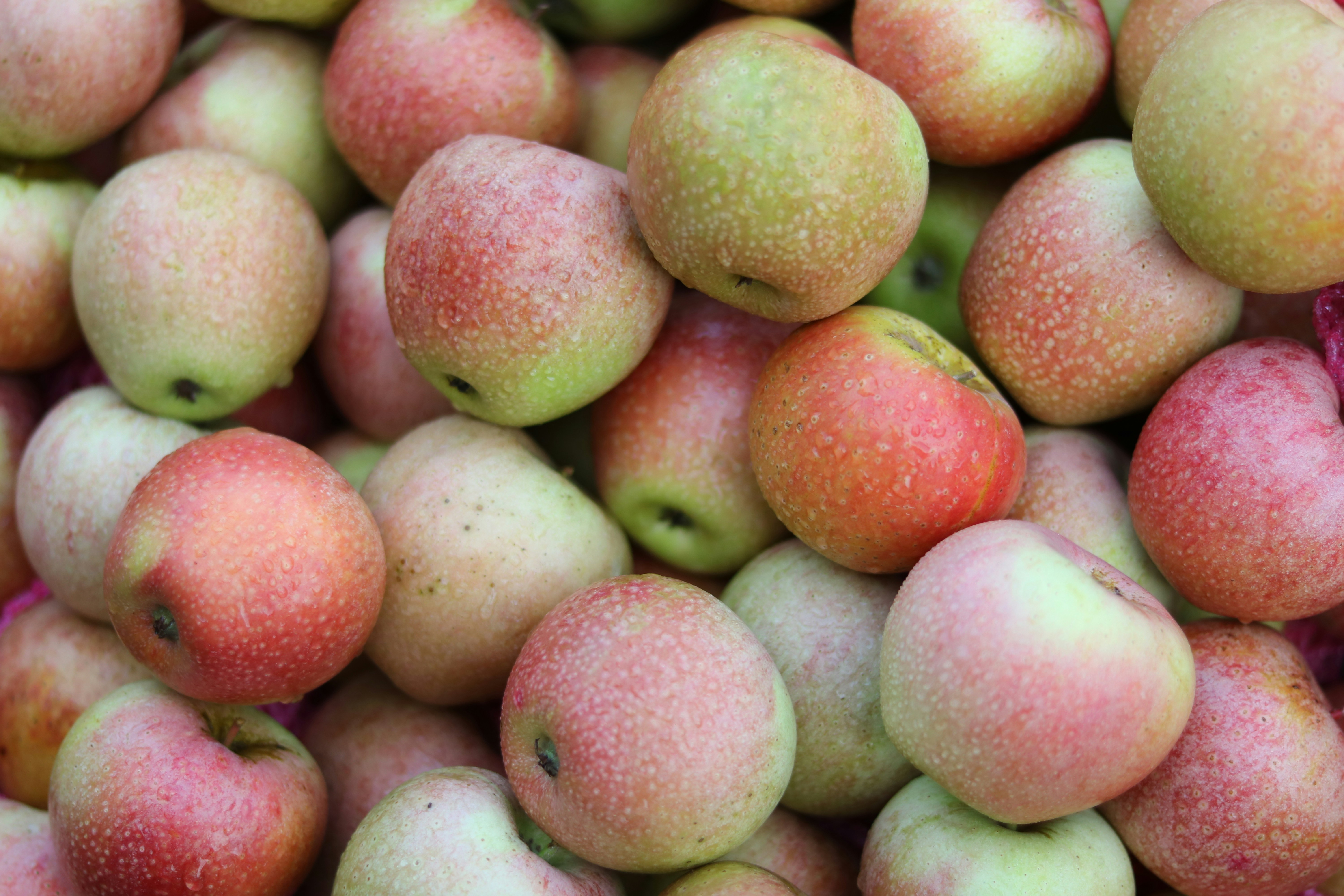 Close-up of a dense pile of ripe apples with pink-red blush and subtle green undertones, emphasizing texture and color variance.