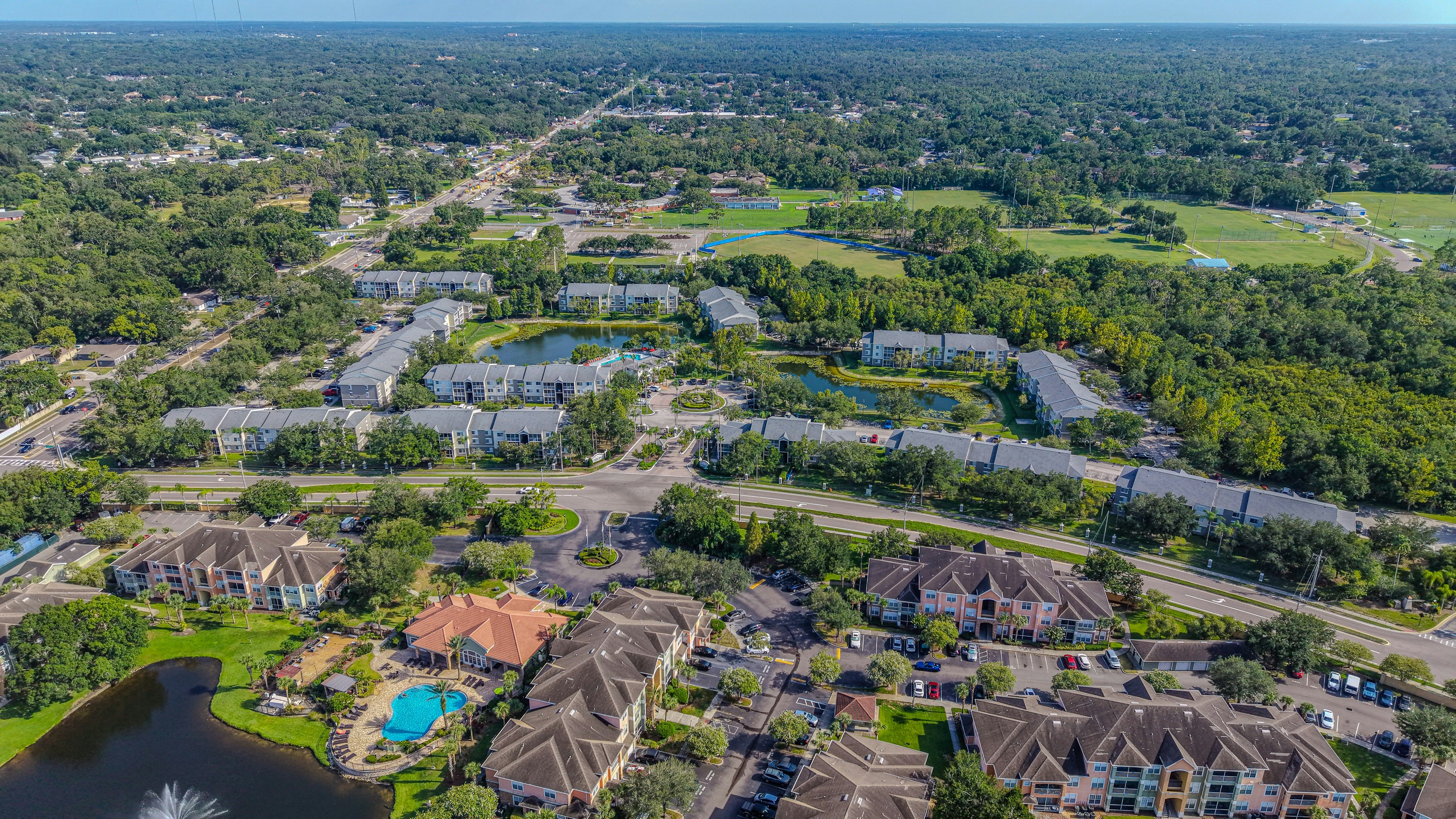 Aerial Neighborhood Mosaic: Curved Streets, Lakeside Elegance
