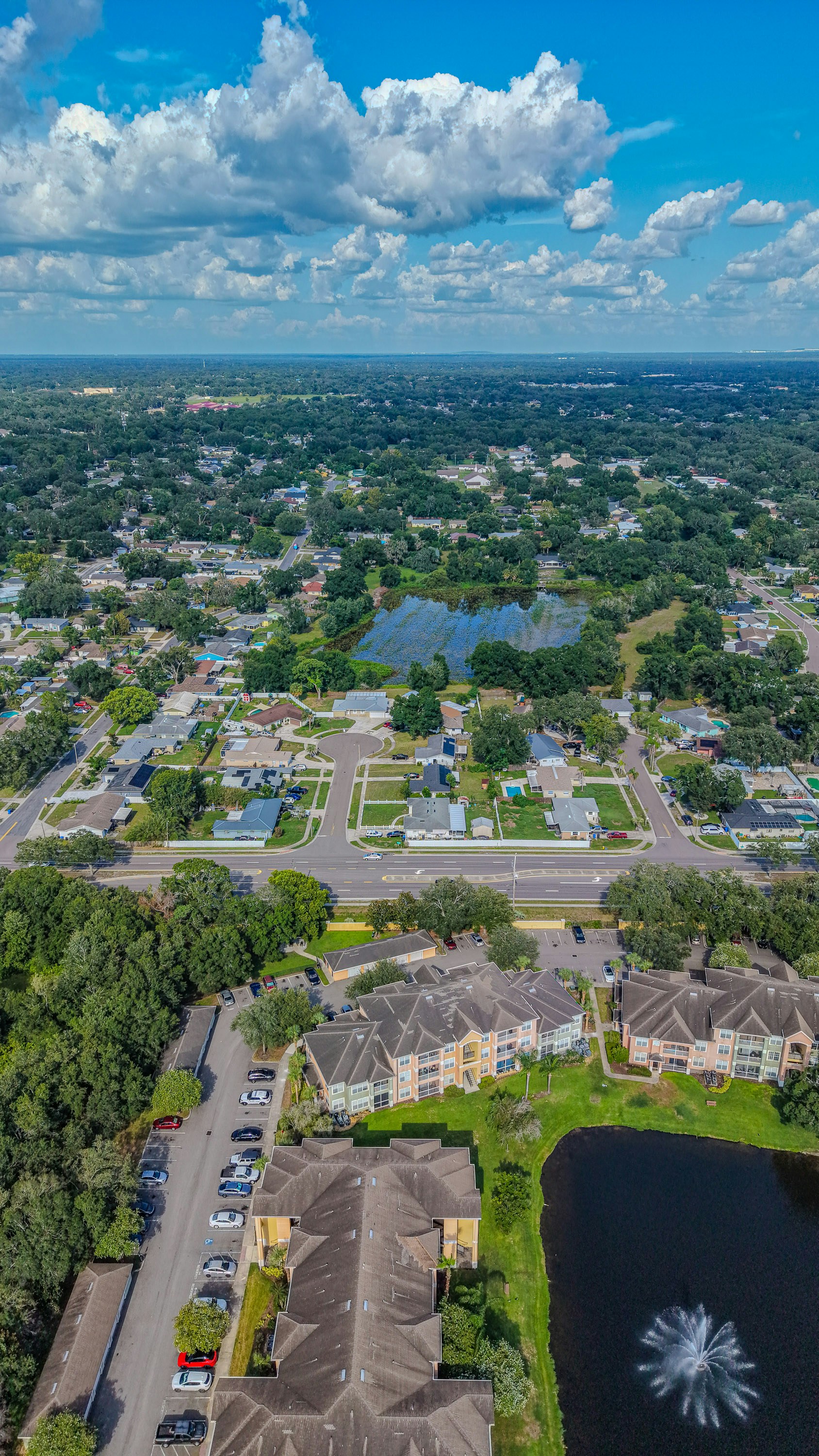 Aerial Quilt of Suburban Canals and Courtyards