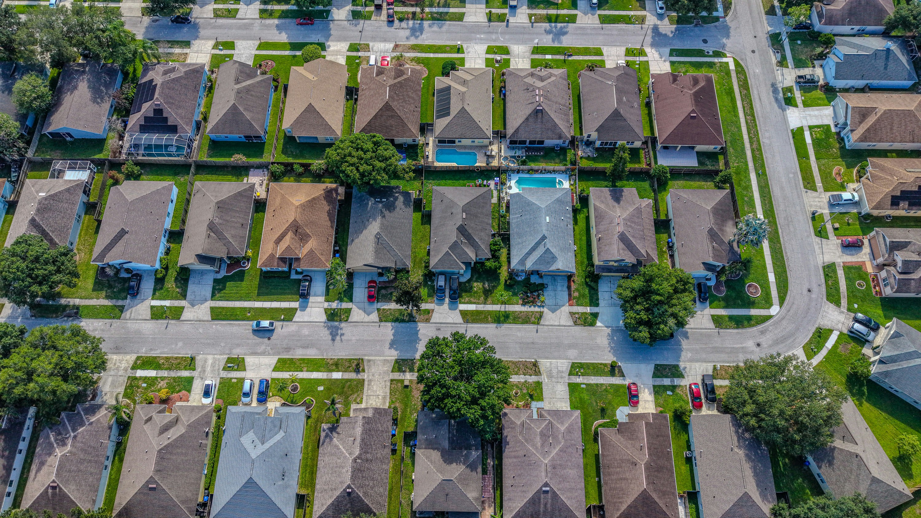 Aerial grid of suburban rooftops and tree-lined streets