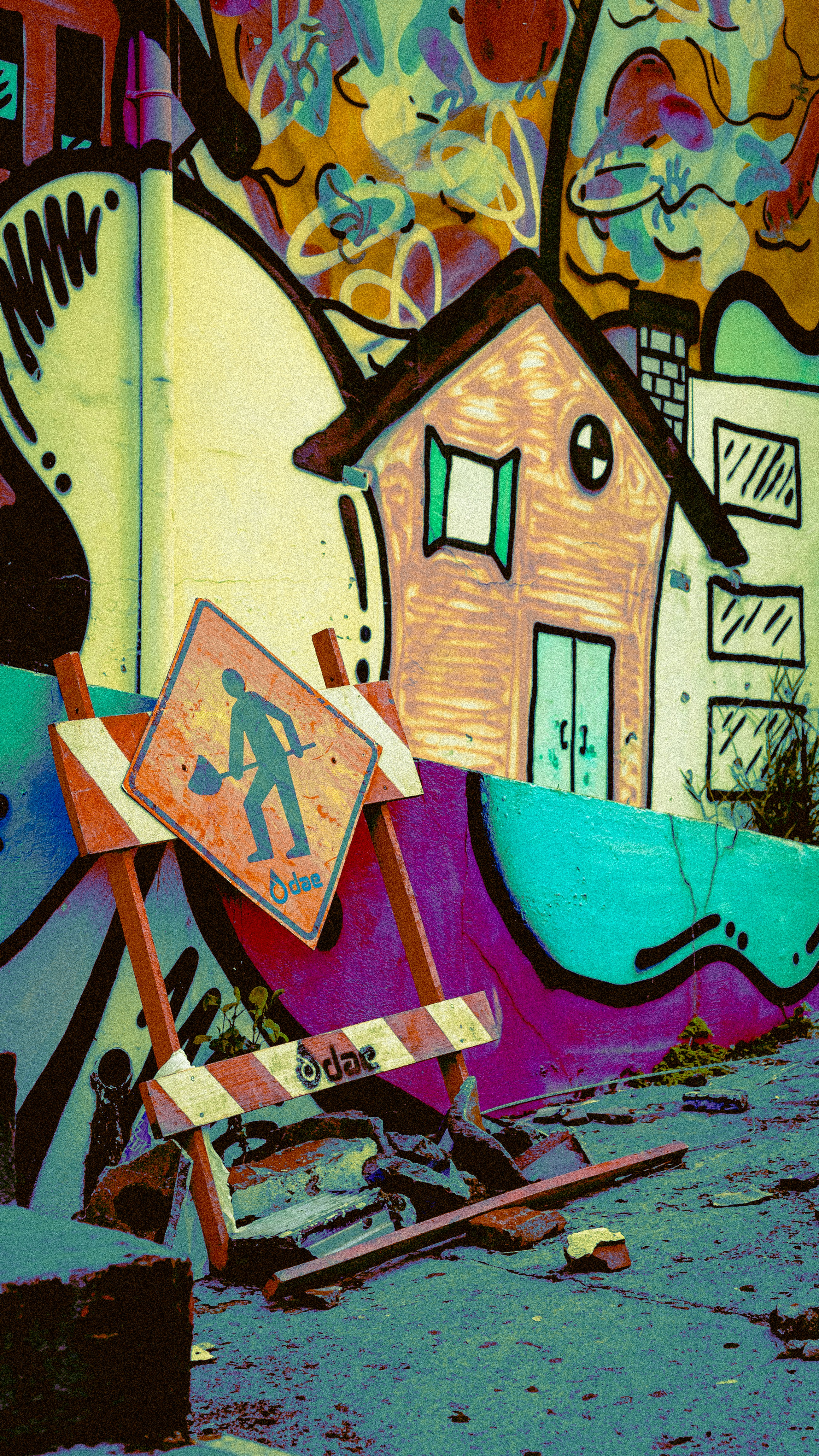 Urban mural in motion: a colorful construction barrier anchors a playful street scene