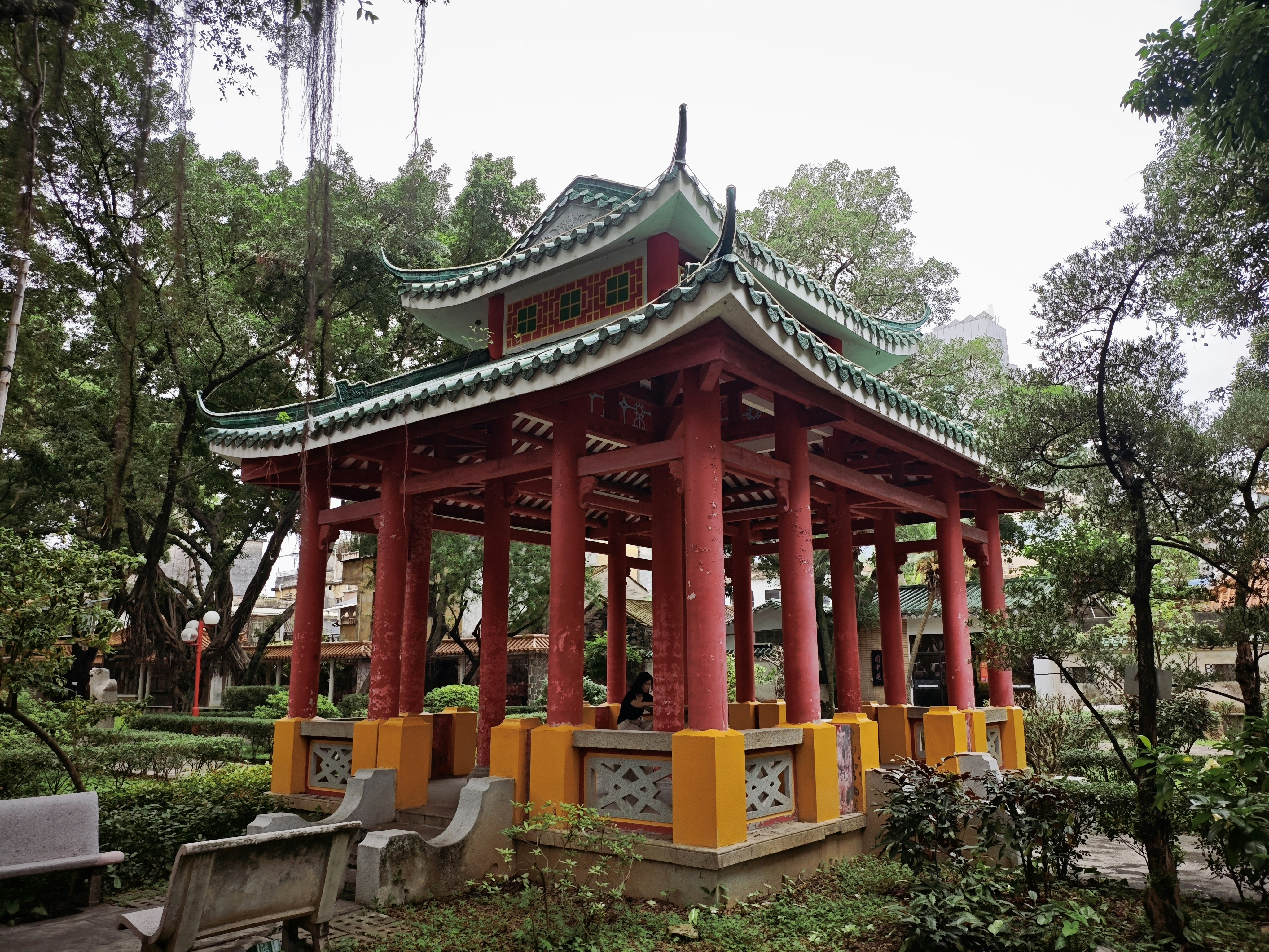 Red-Pillared Pavilion in a Serene Garden