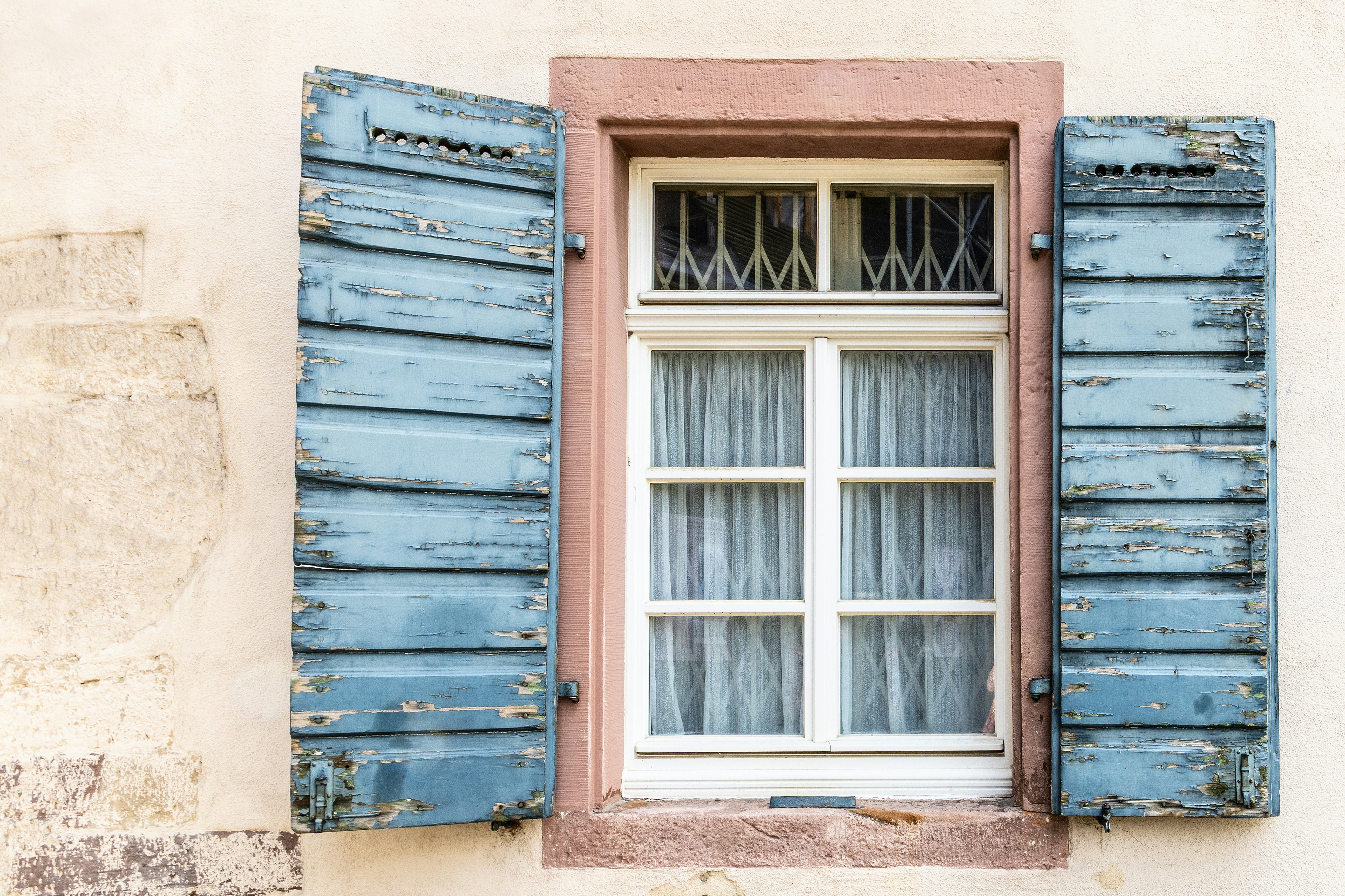 Weathered Blue Shutters, Sunlit Window