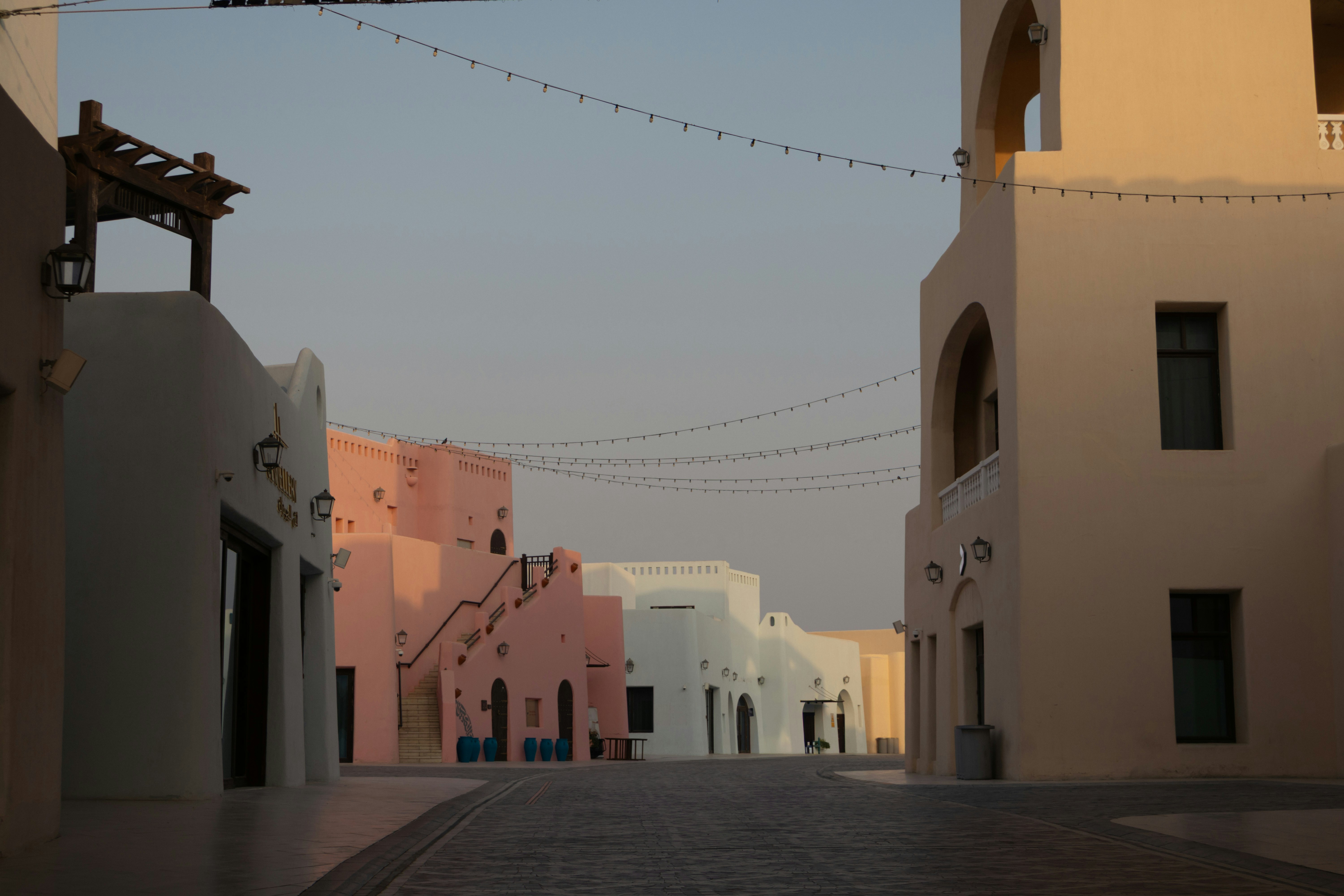 Pastel Street Quiet: Twilight Rows of a Mediterranean-Style Village