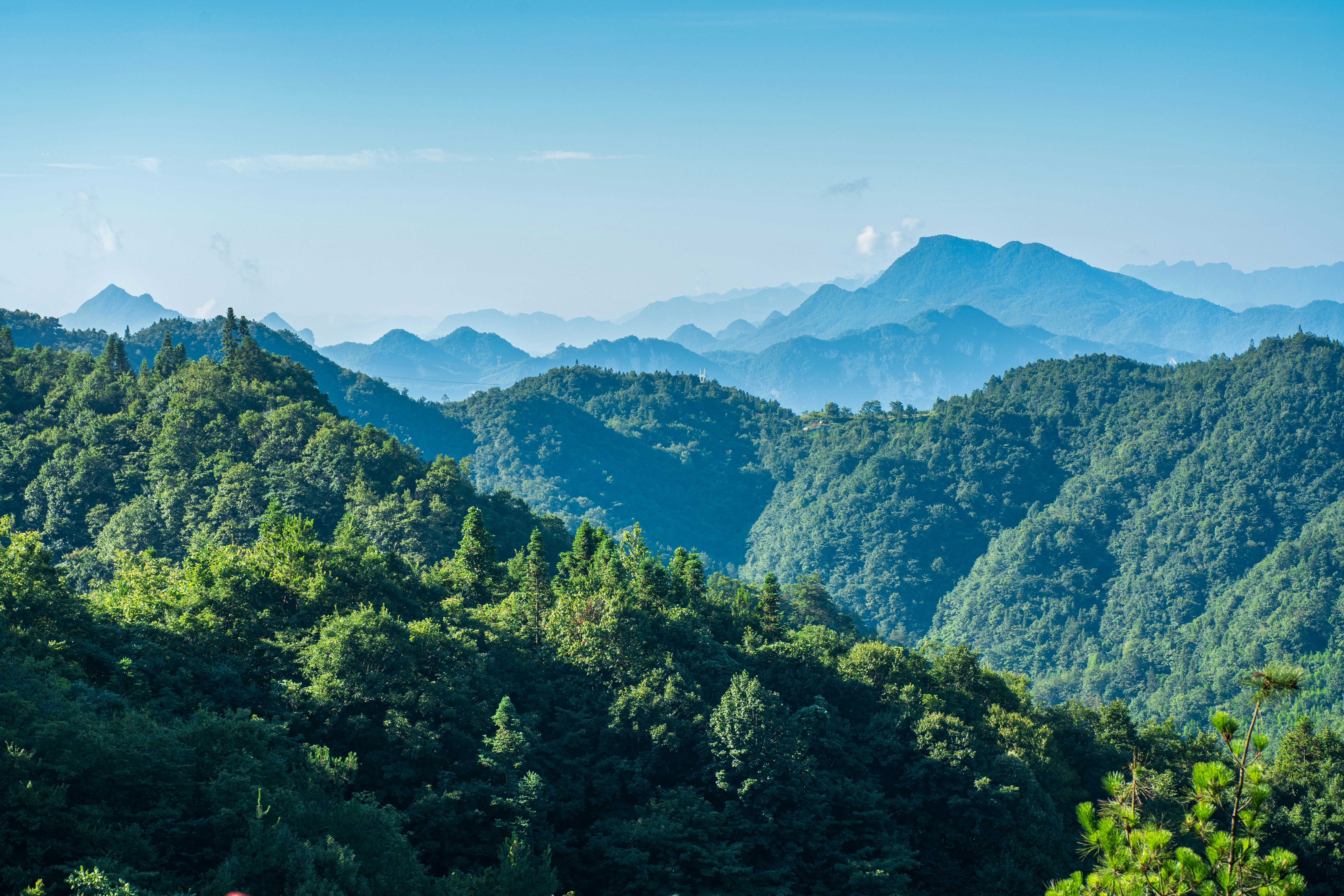 Layered Ridgeline Awakening: Morning Mist Over Green Valleys