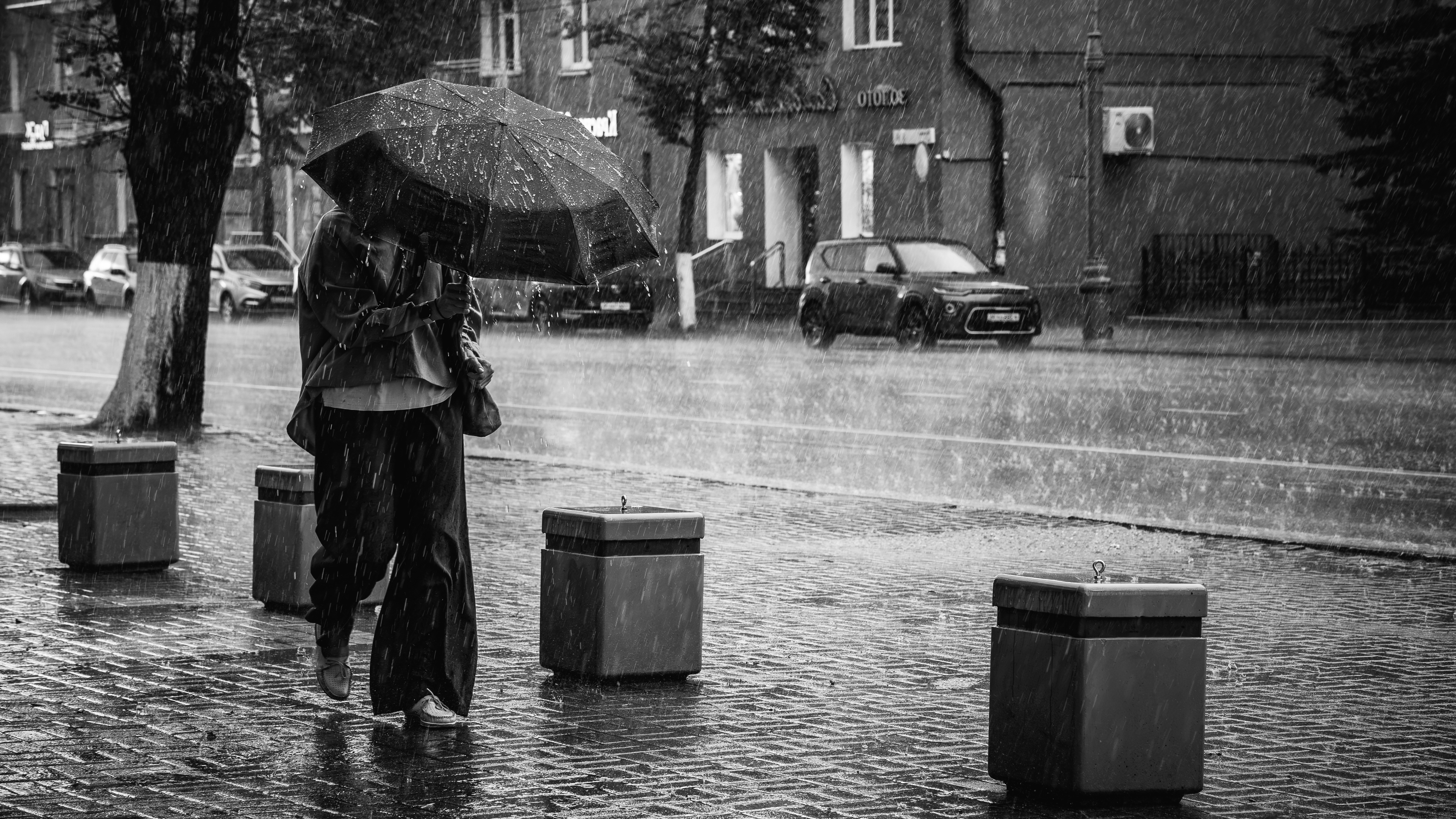 Rainy Street Moment: Umbrella, Steps, and Snow-like Rain