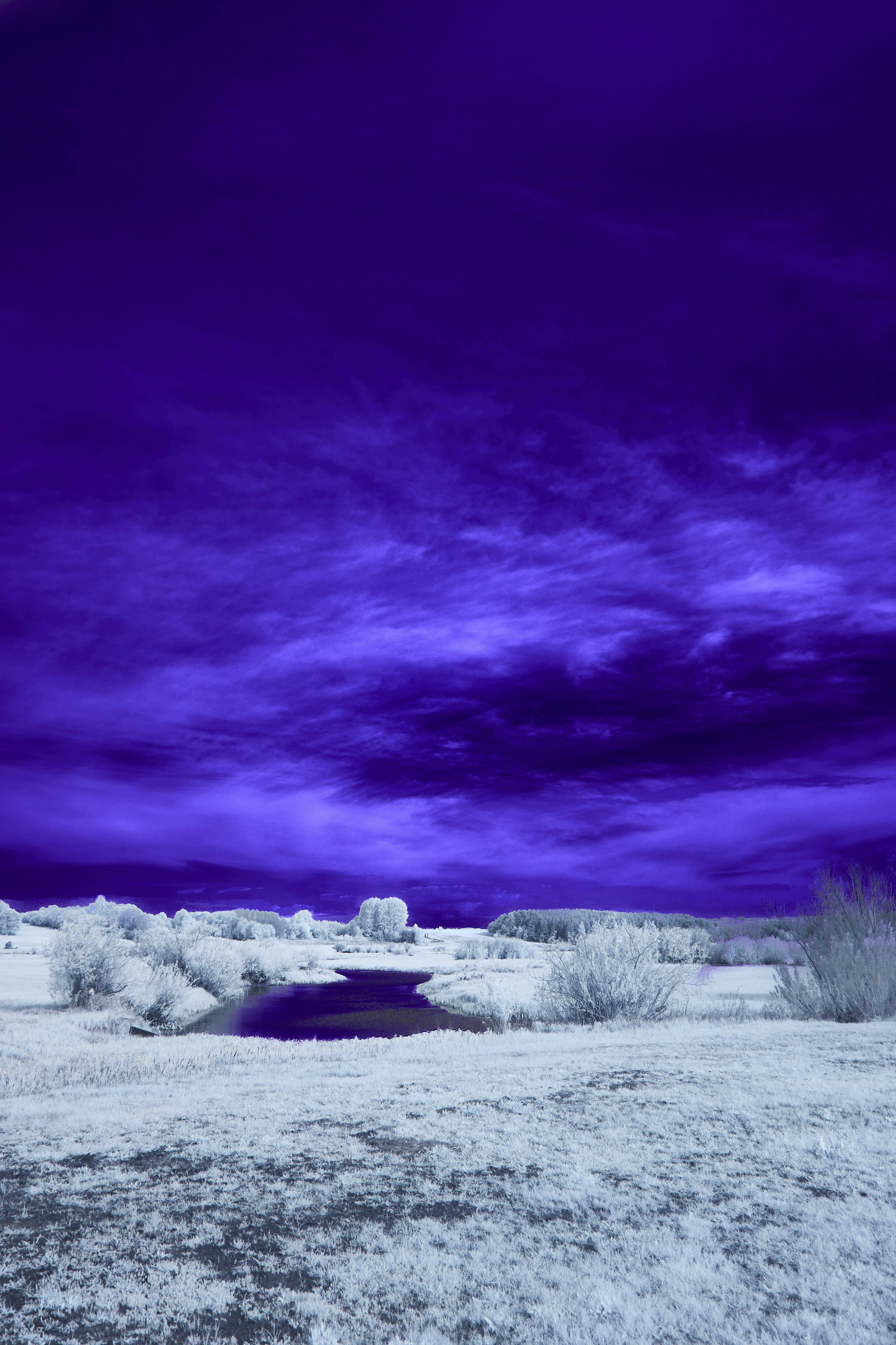A surreal, high-contrast landscape with a deep indigo sky and a pale, frost-covered foreground; a small, winding waterway cuts through the terrain, framed by distant shrubs and trees. This is a stylized, possibly infrared-inspired landscape photograph.