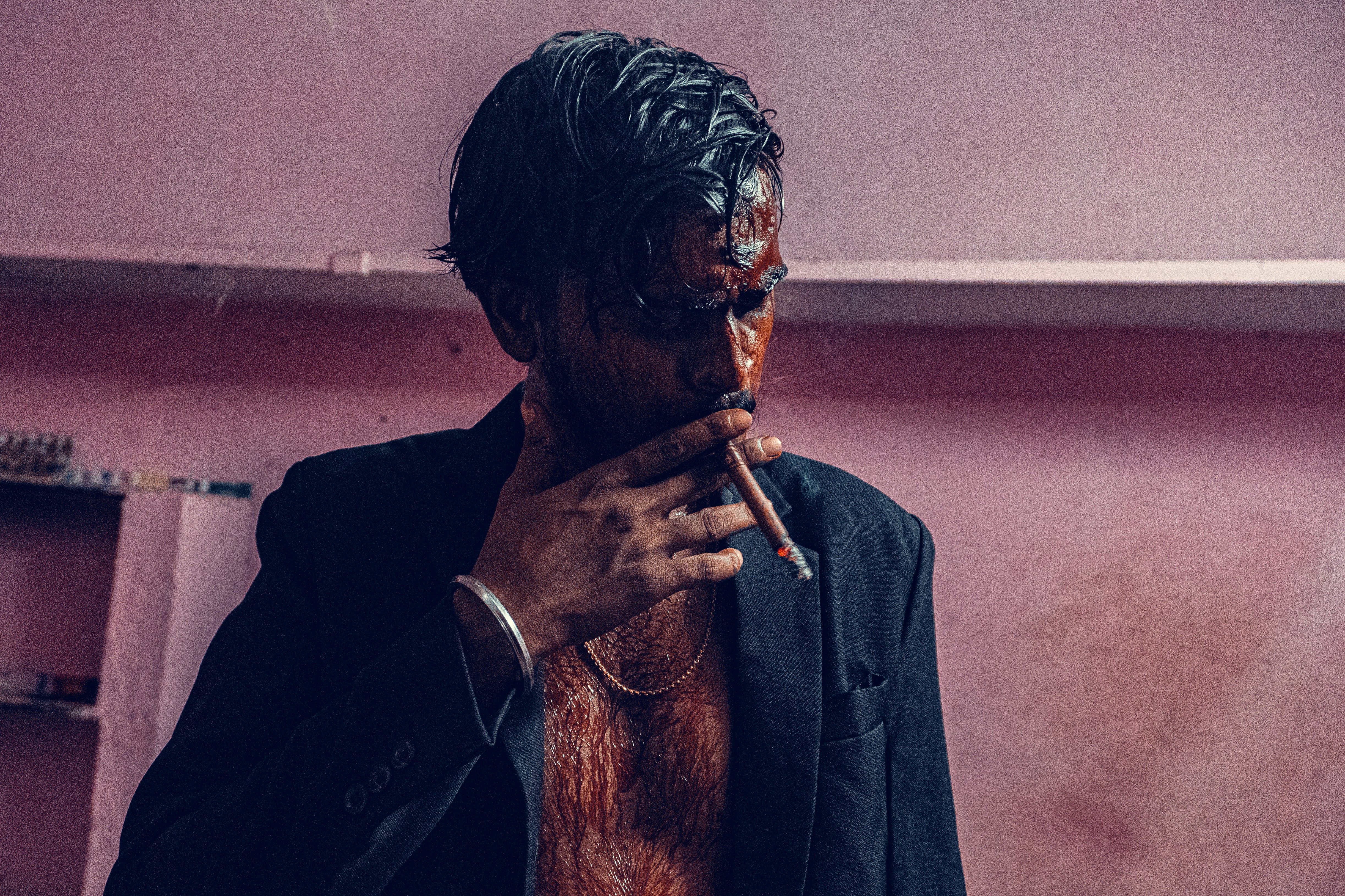 Cigar Smoke and Neon Pink: A Midnight Portrait in Velvet Noir