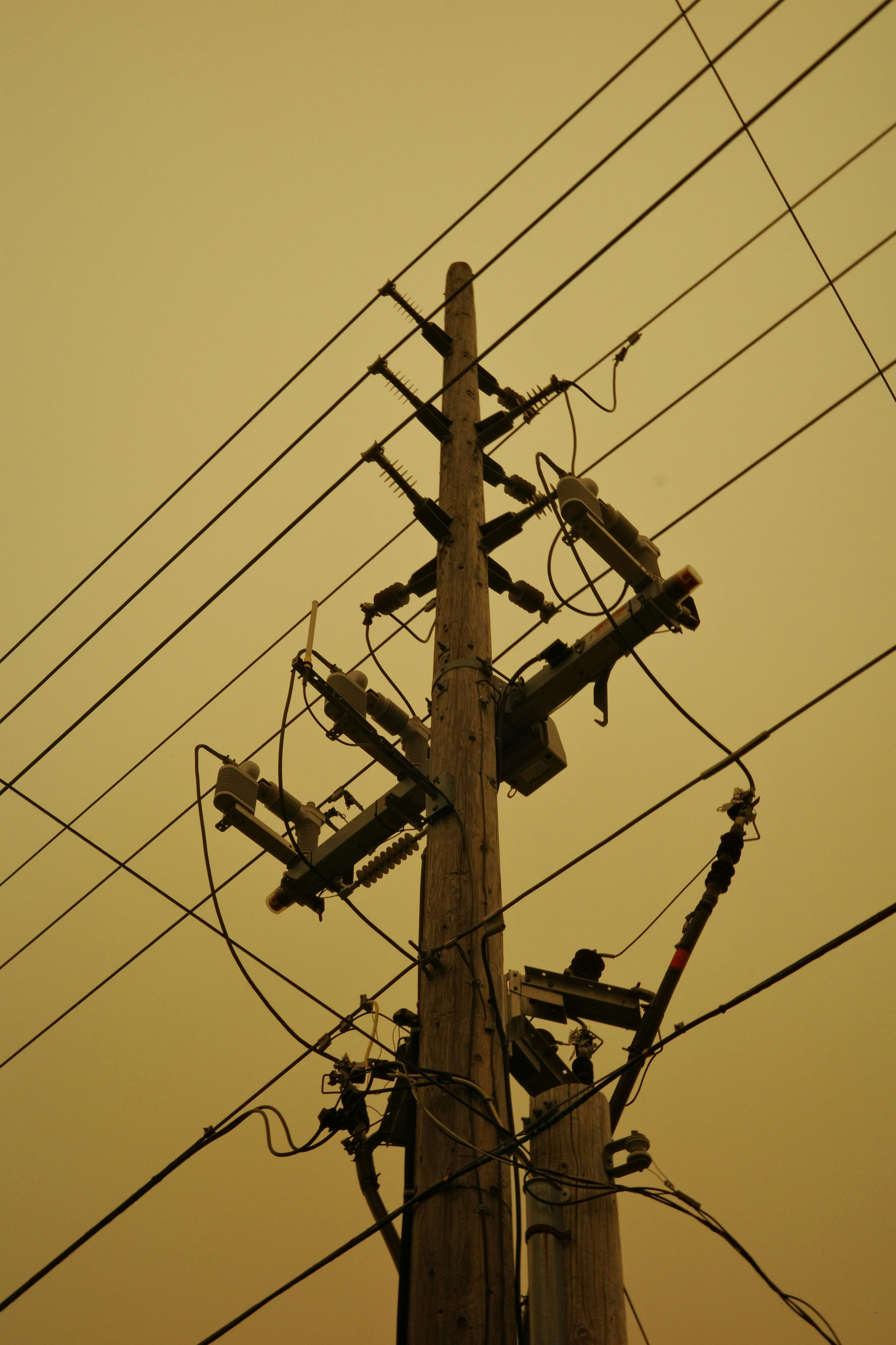 Electrical Tangle: A Power Pole Interwoven with Wires