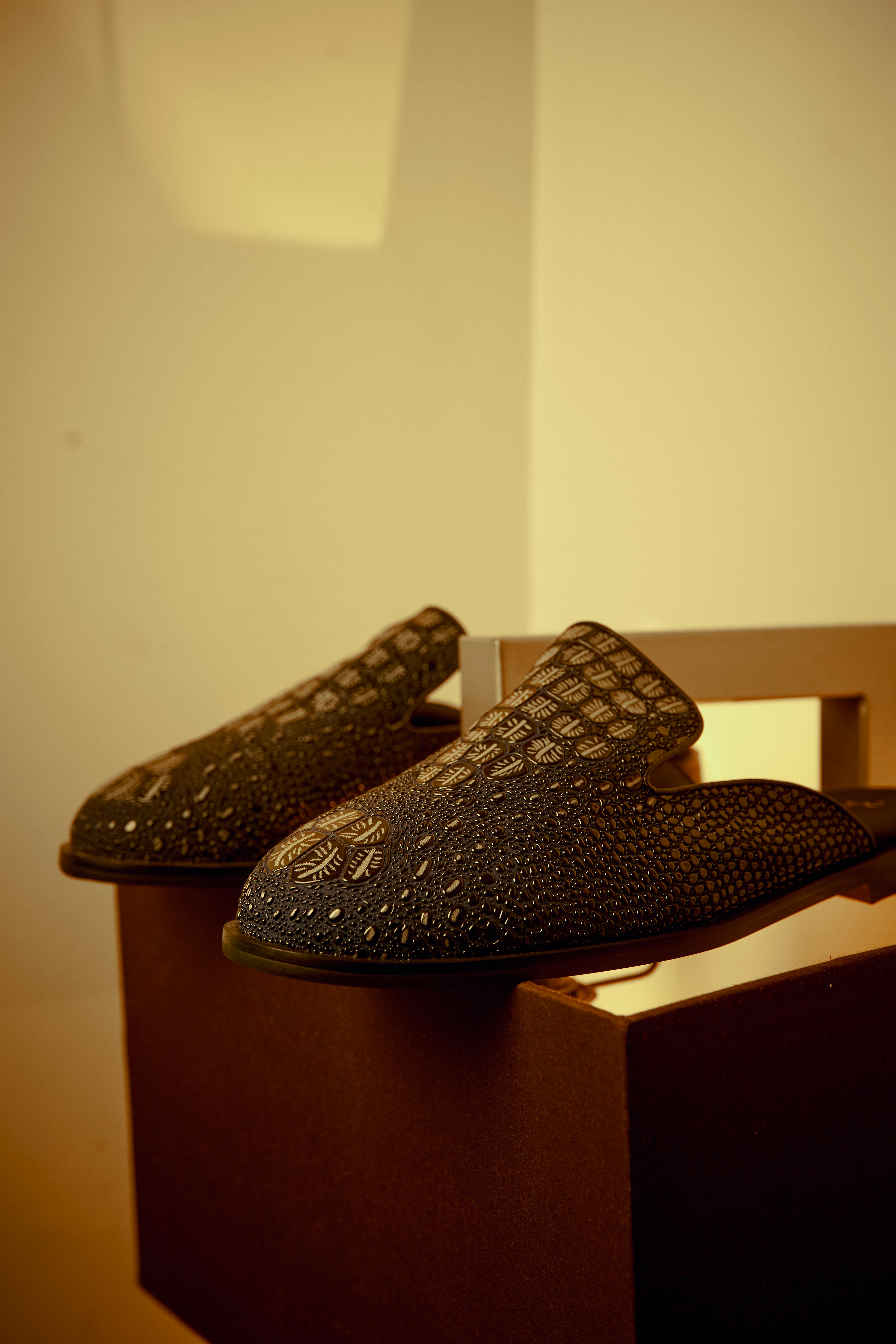Dew-kissed Slippers Resting on a Boxed Pedestal