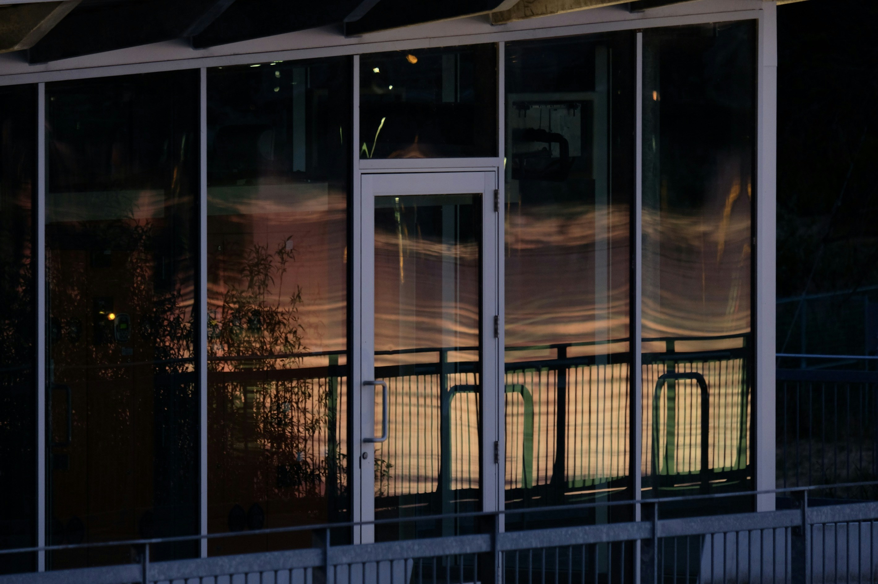 Glass Facade at Dusk: Reflections and a Central Door