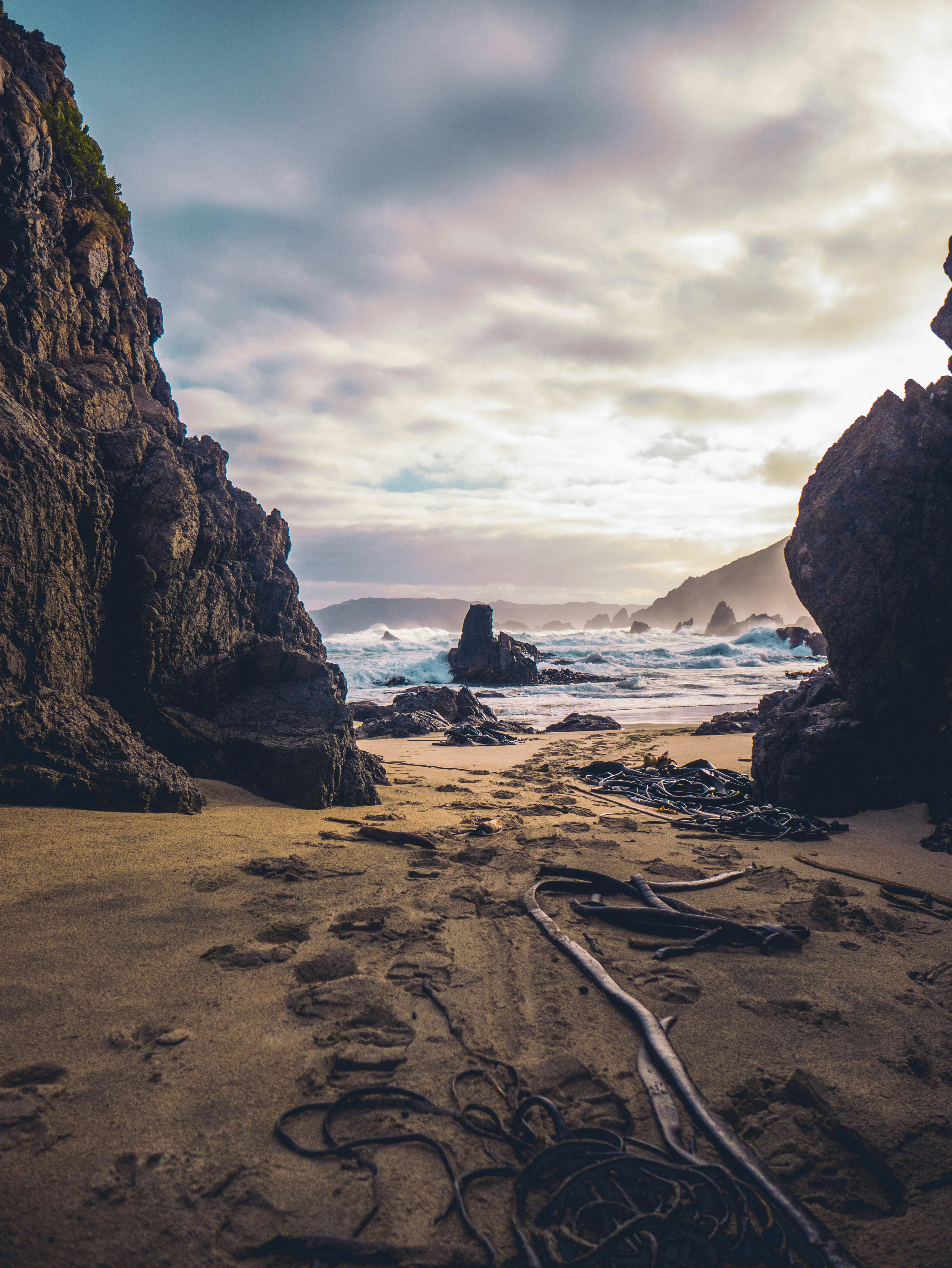 Coastal Gorge at Sundown with Tidal Debris