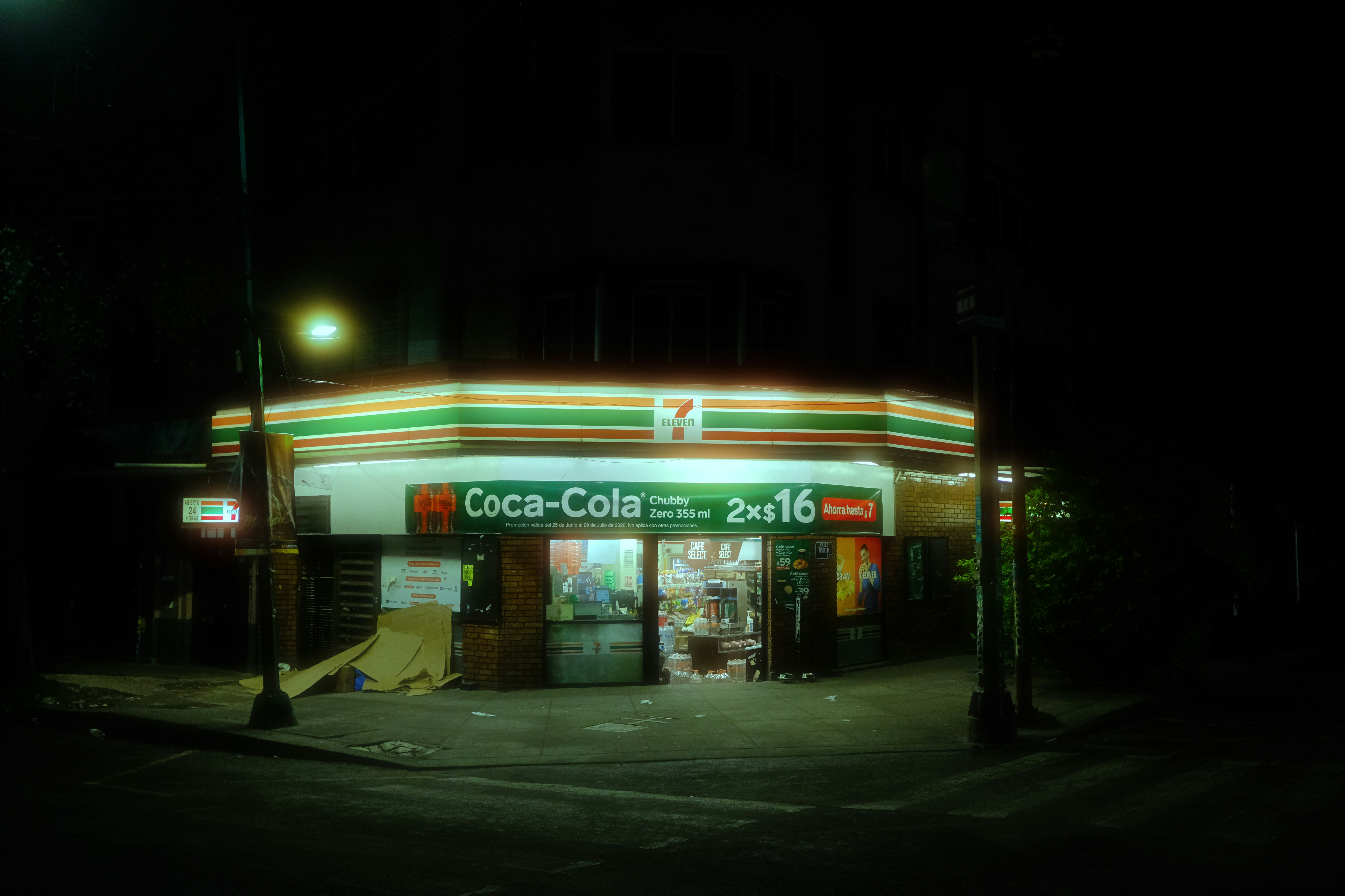 Neon Convenience: A Quiet 24/7 Stop Bathed in Green and Amber