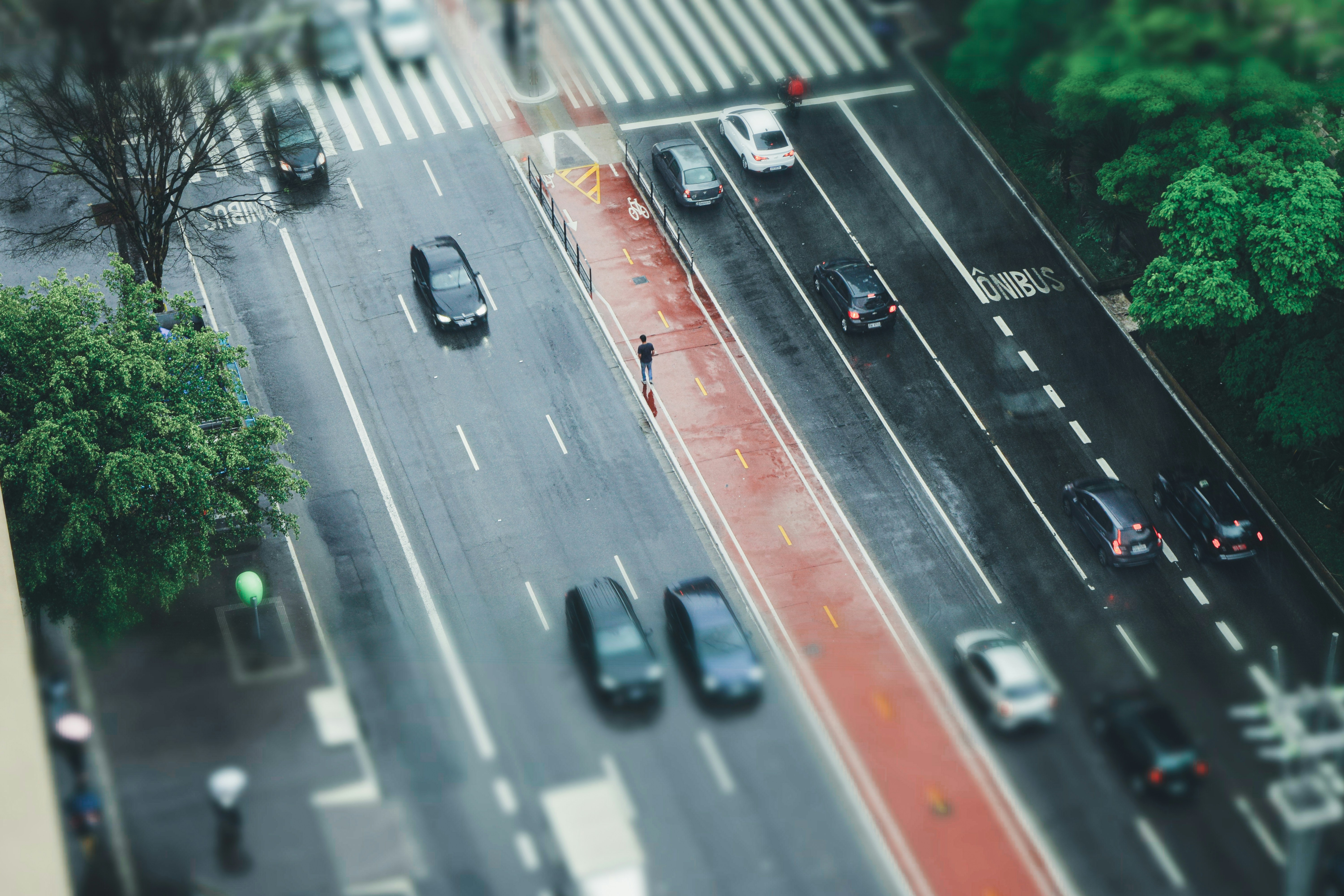 Crosswalk Rhythm: A Tilt-Shift Day on Multi-Lane Street
