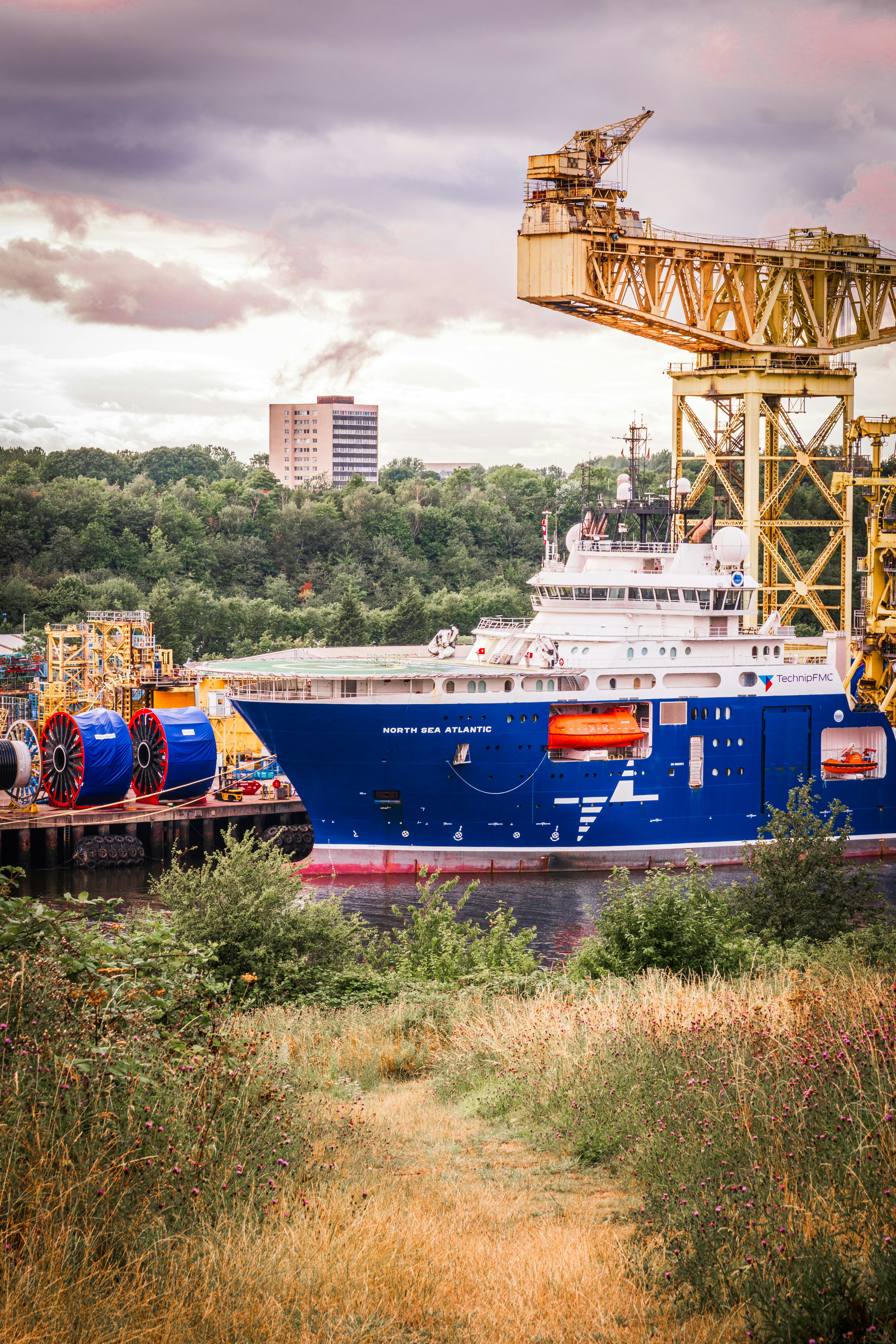 Harbor Titan: The Blue Vessel at Dawn Between Machinery