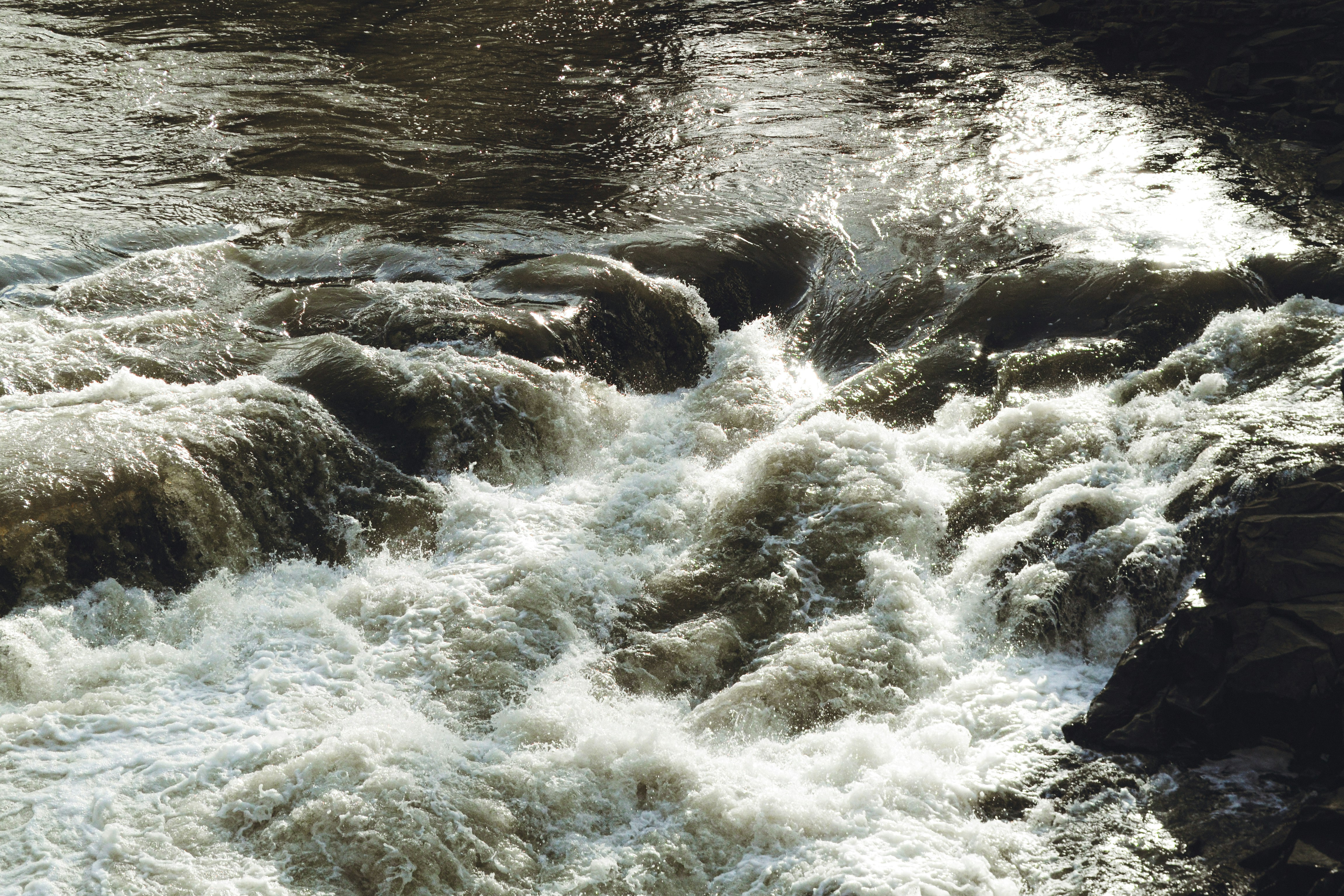 Churning white-water cascades over dark rocks, capturing the raw energy of a fast-flowing river.