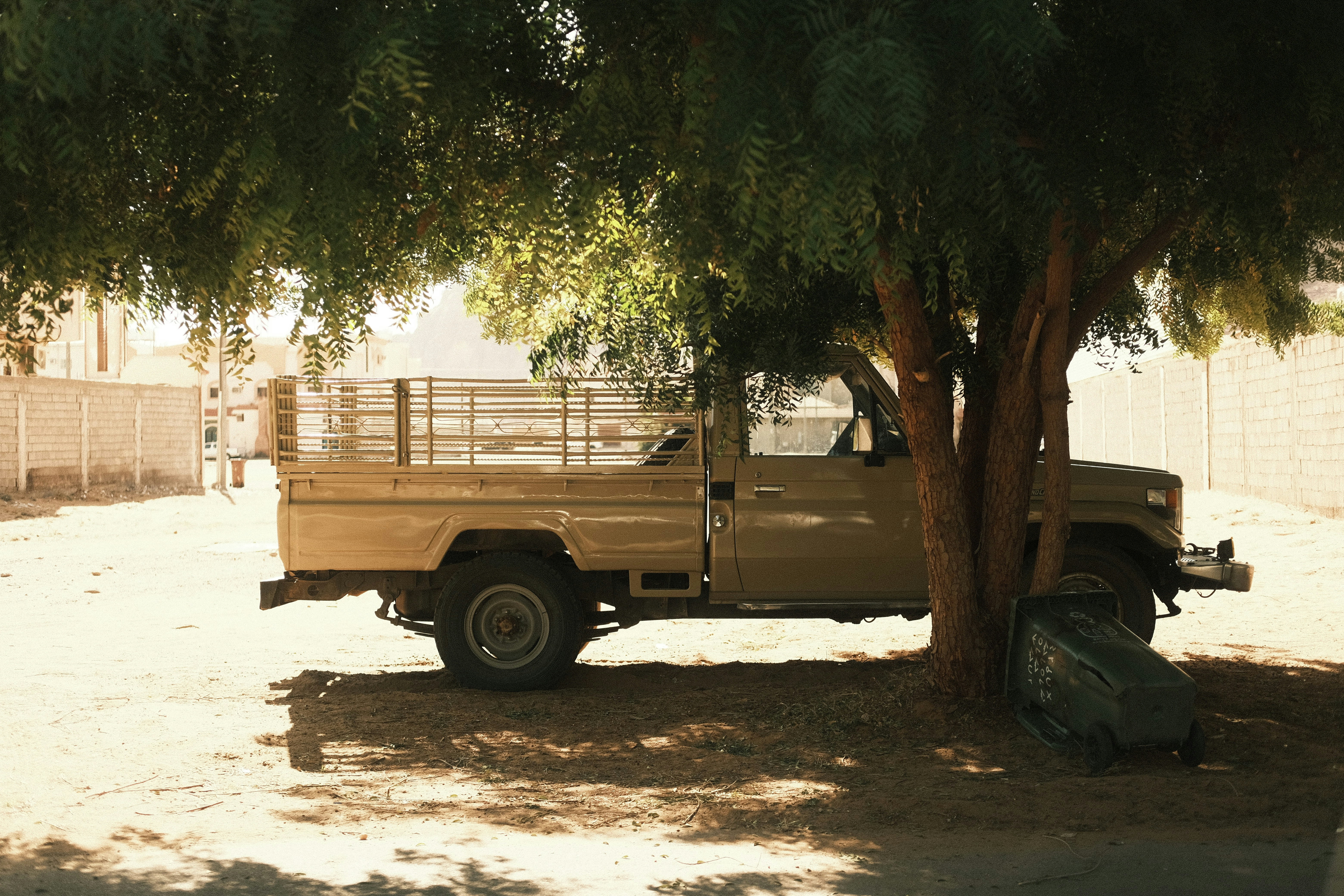 Shadowed Pickup Under the Shade: Quiet Desert Still Life