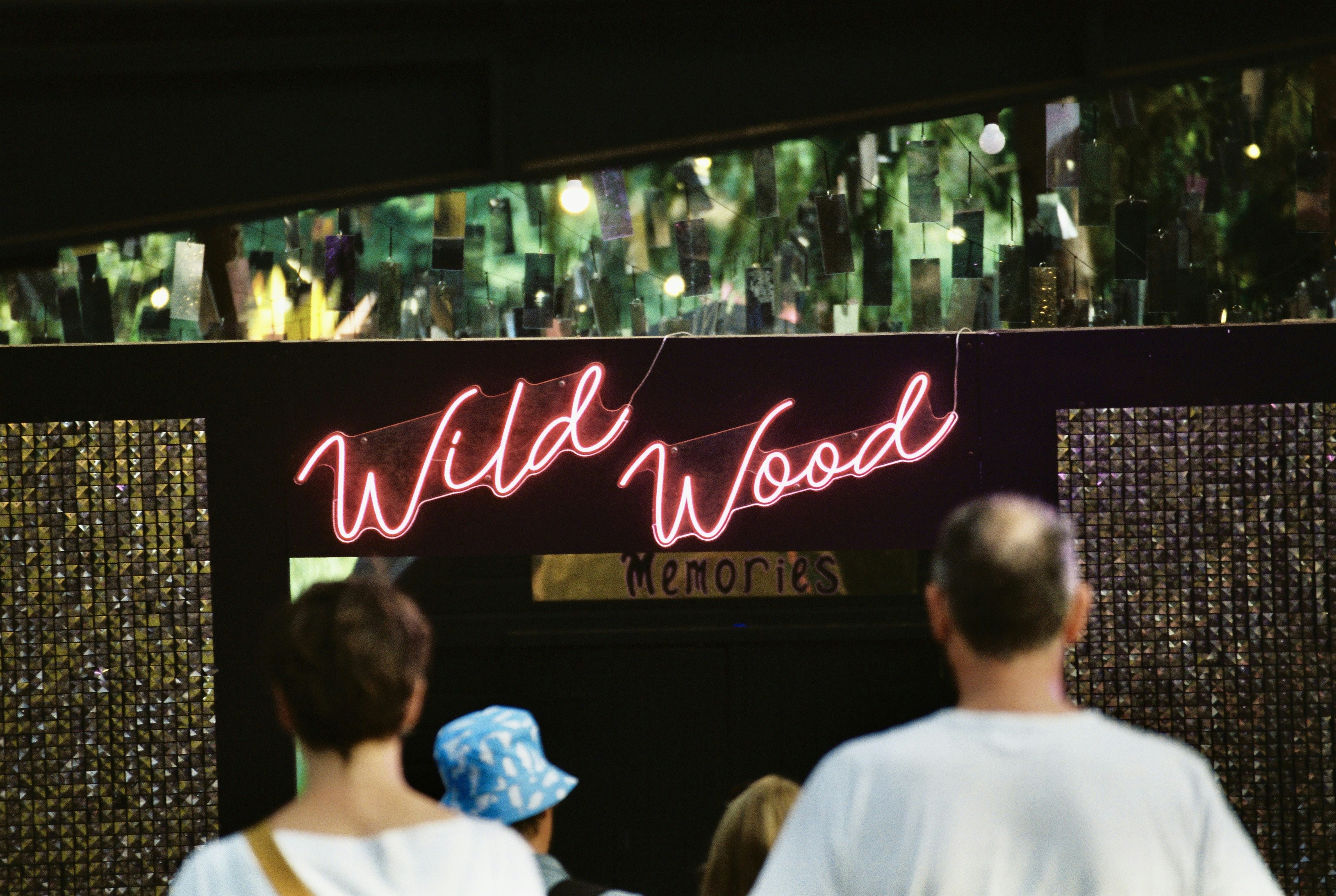 Neon 'Wild Wood' sign above a dimly lit doorway, with three visitors in foreground and a mosaic backdrop.