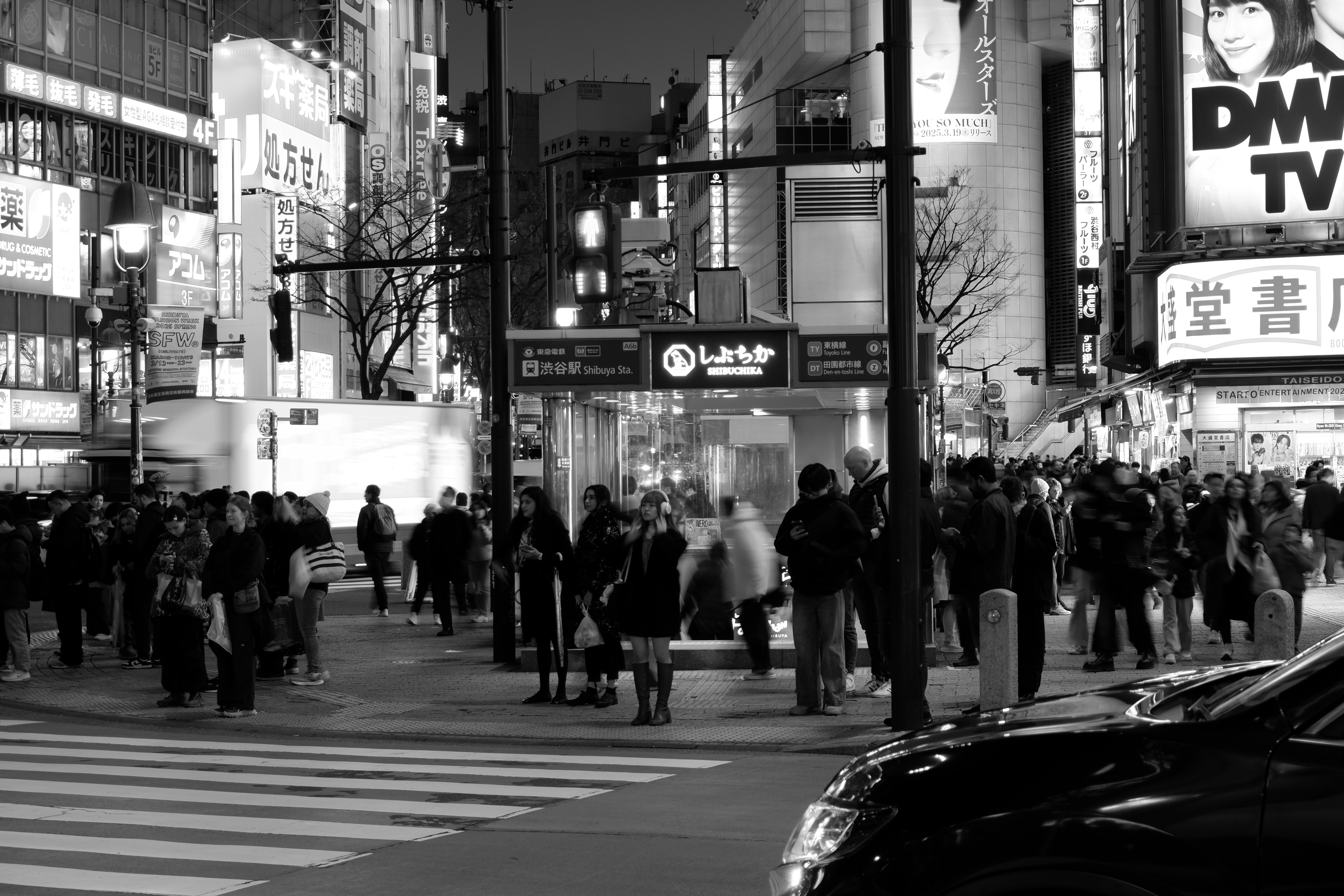 Midnight Crosswalk: Neon Echoes in a Crowded Street