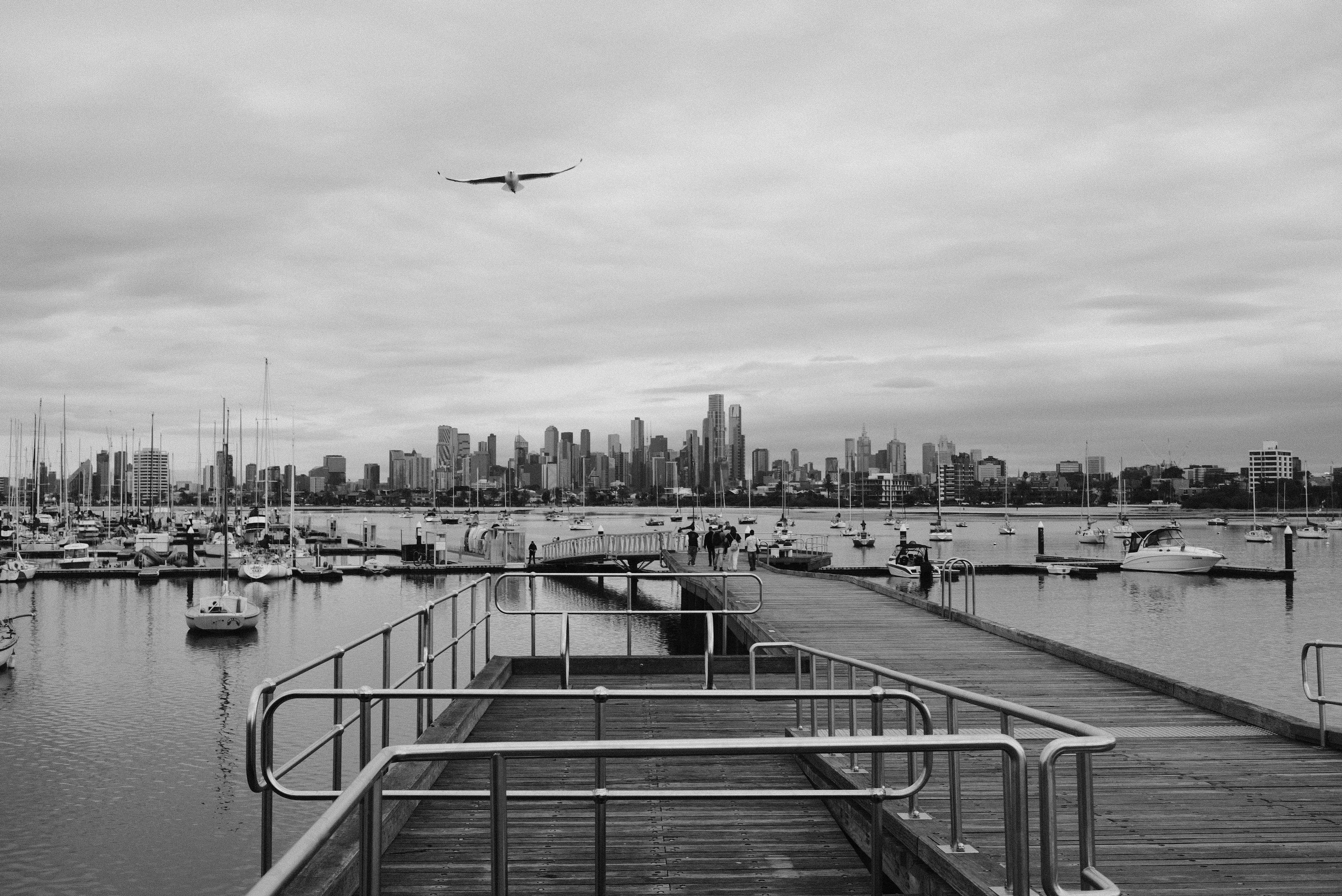 Pier Toward the City: A Quiet Marina Leading to a Distant Skyline
