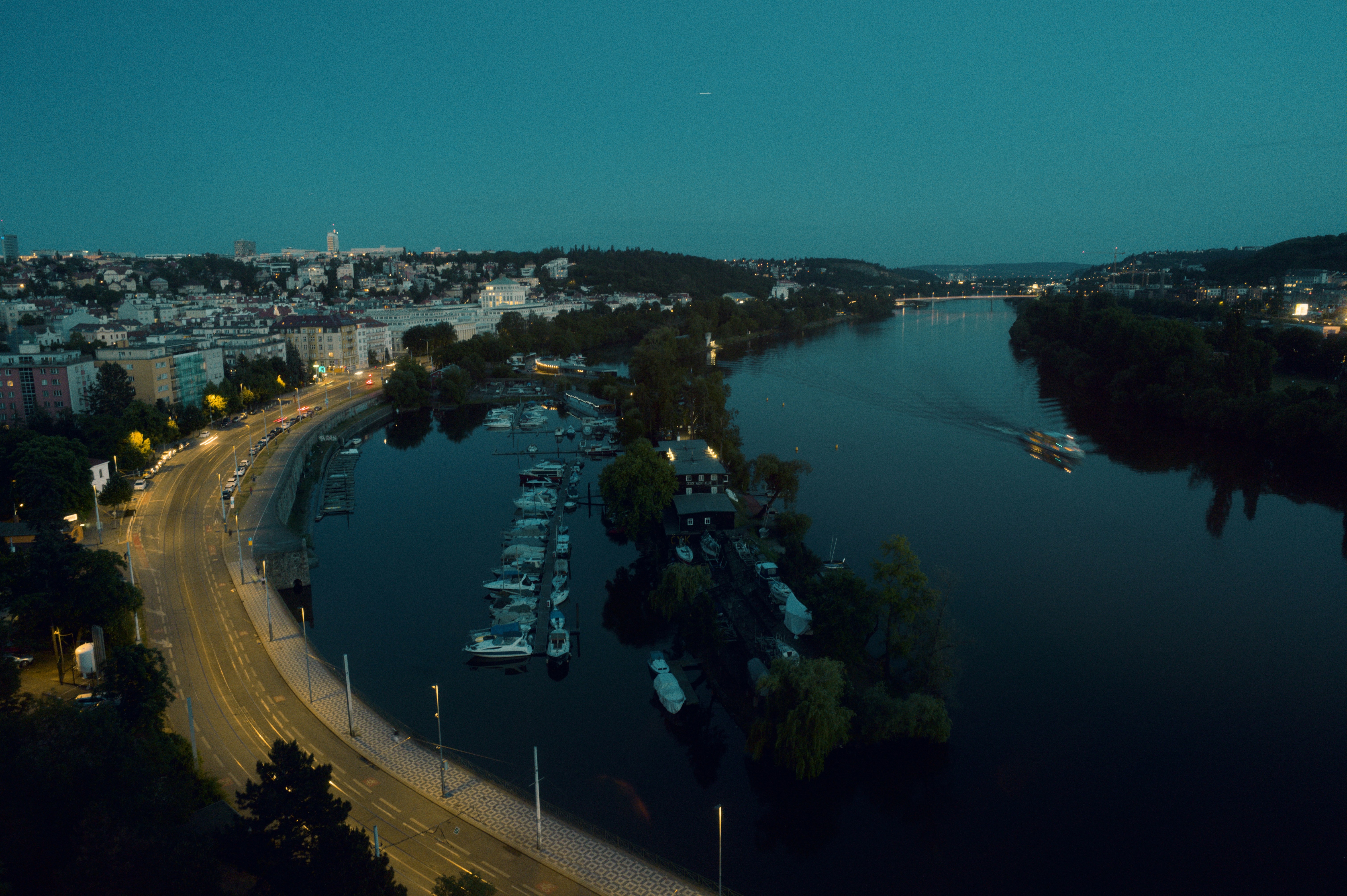 Aerial Night Run: Riverbend Marina in Evening Glow