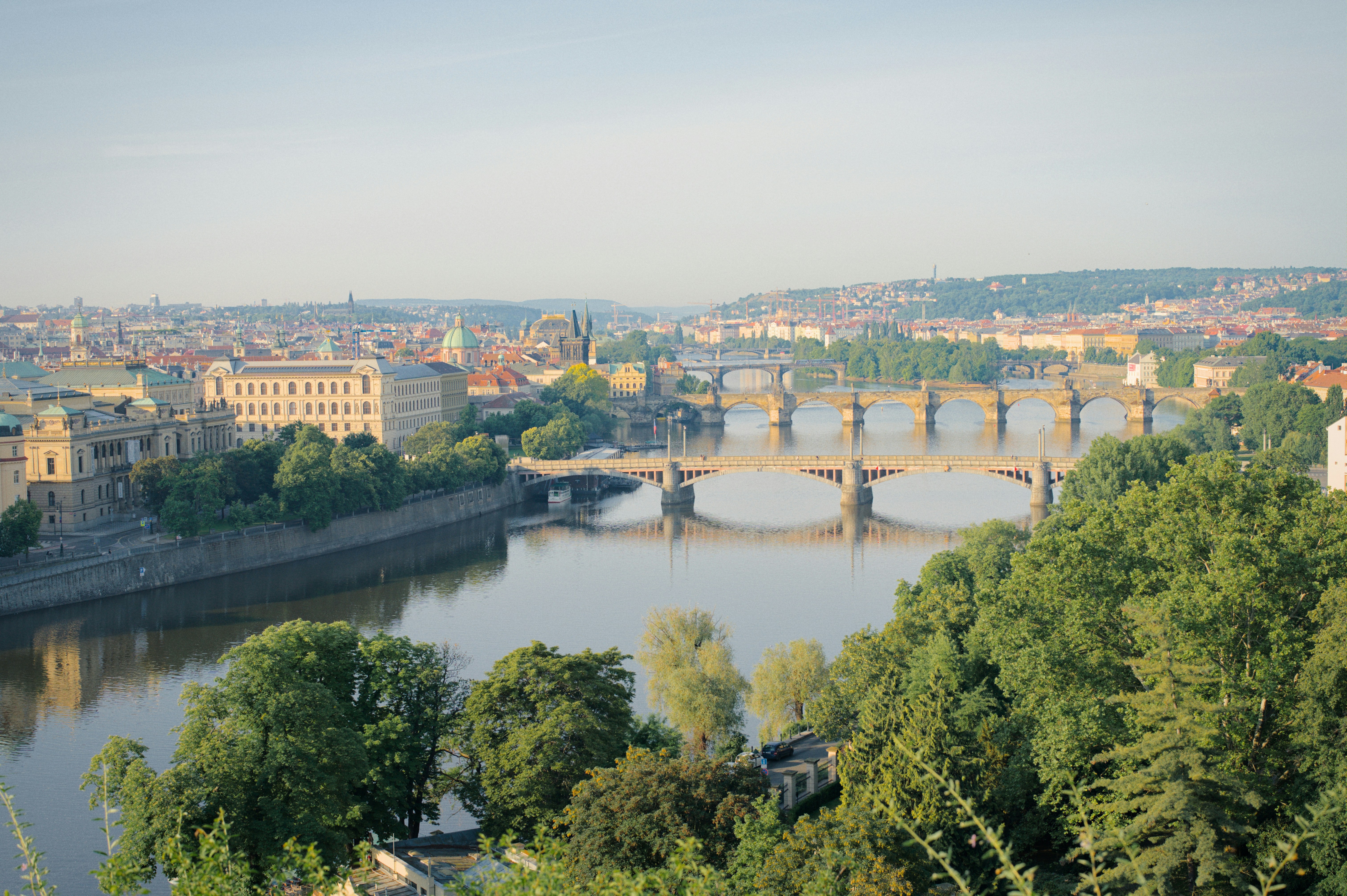 Golden River Bridges: Aerial View Over Prague's Vltava