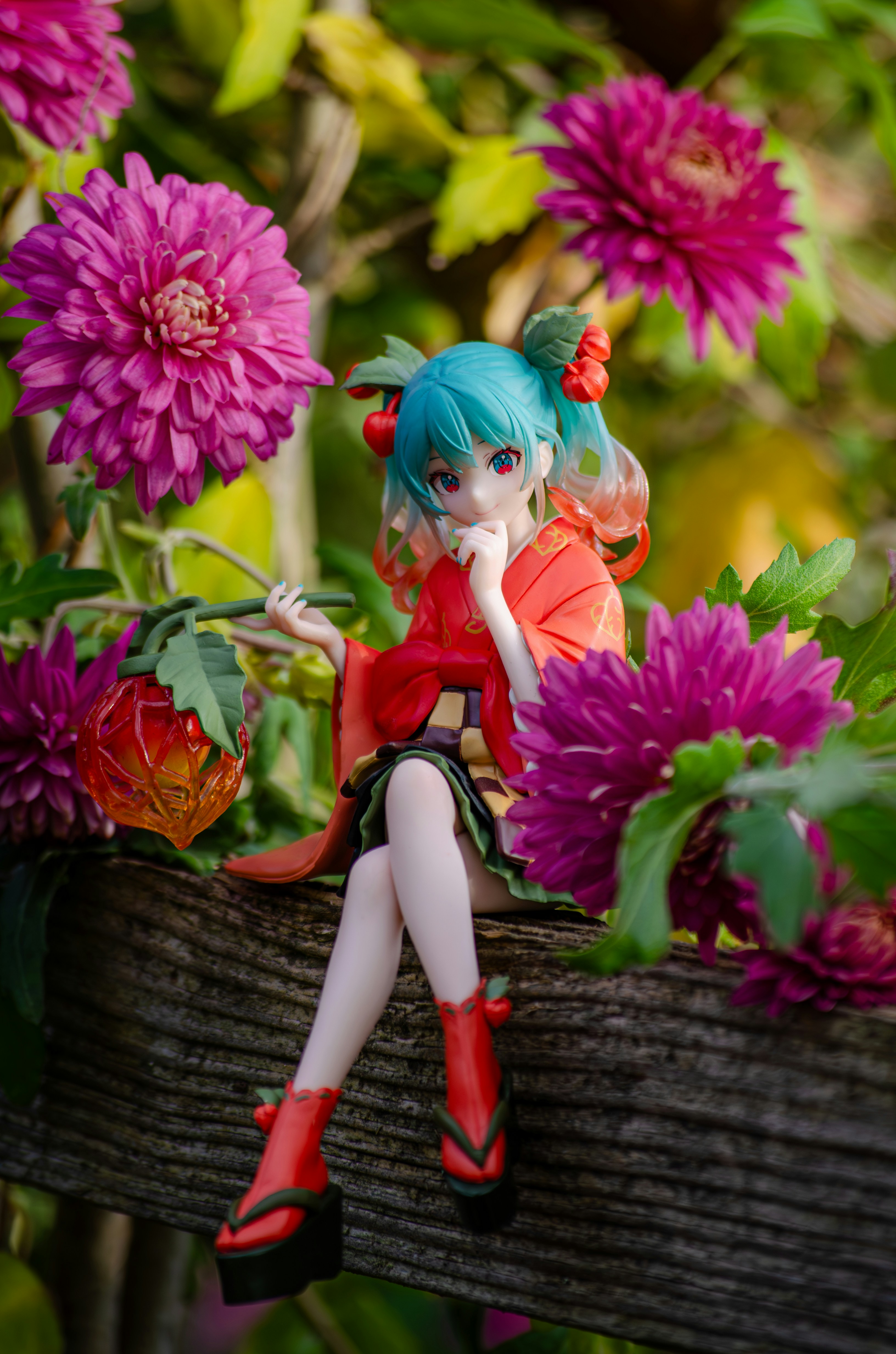 Petals and Pose: A Figurine Among Violet Blooming Orbs