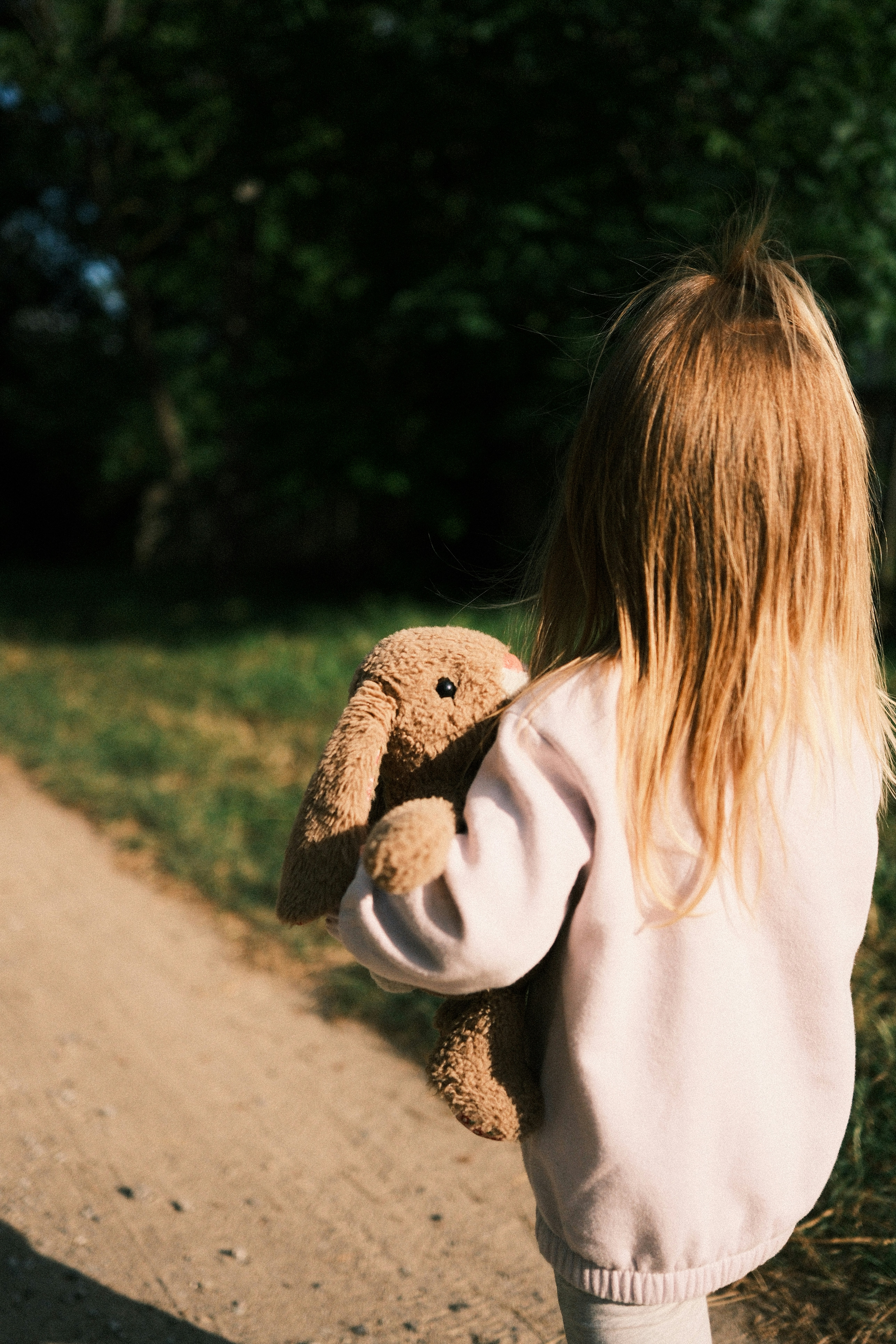 Tender Hug: A Little Girl and Her Plush companion on a Sunlit Path