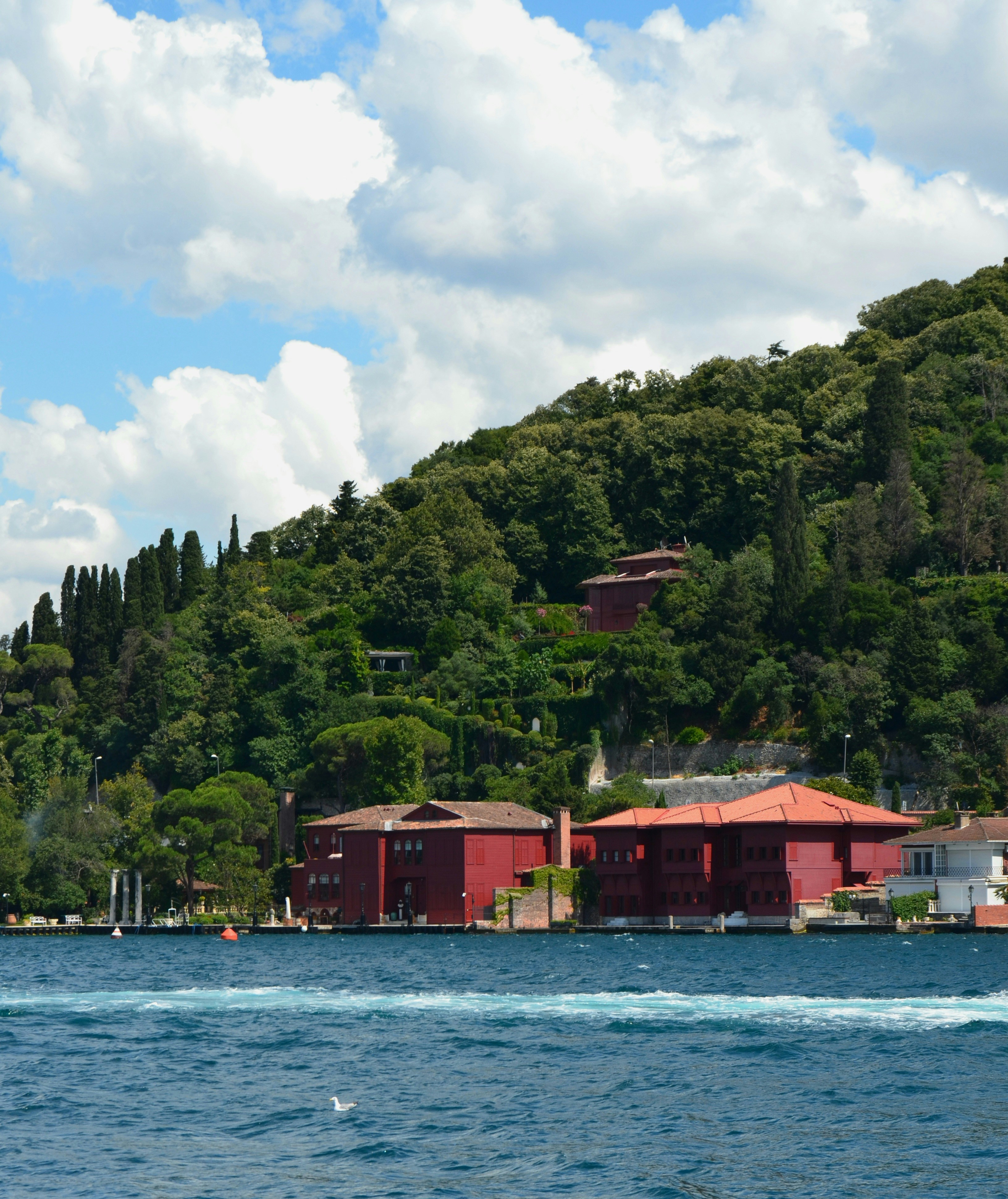 Coastal hillside village with red waterfront buildings under a puffy sky