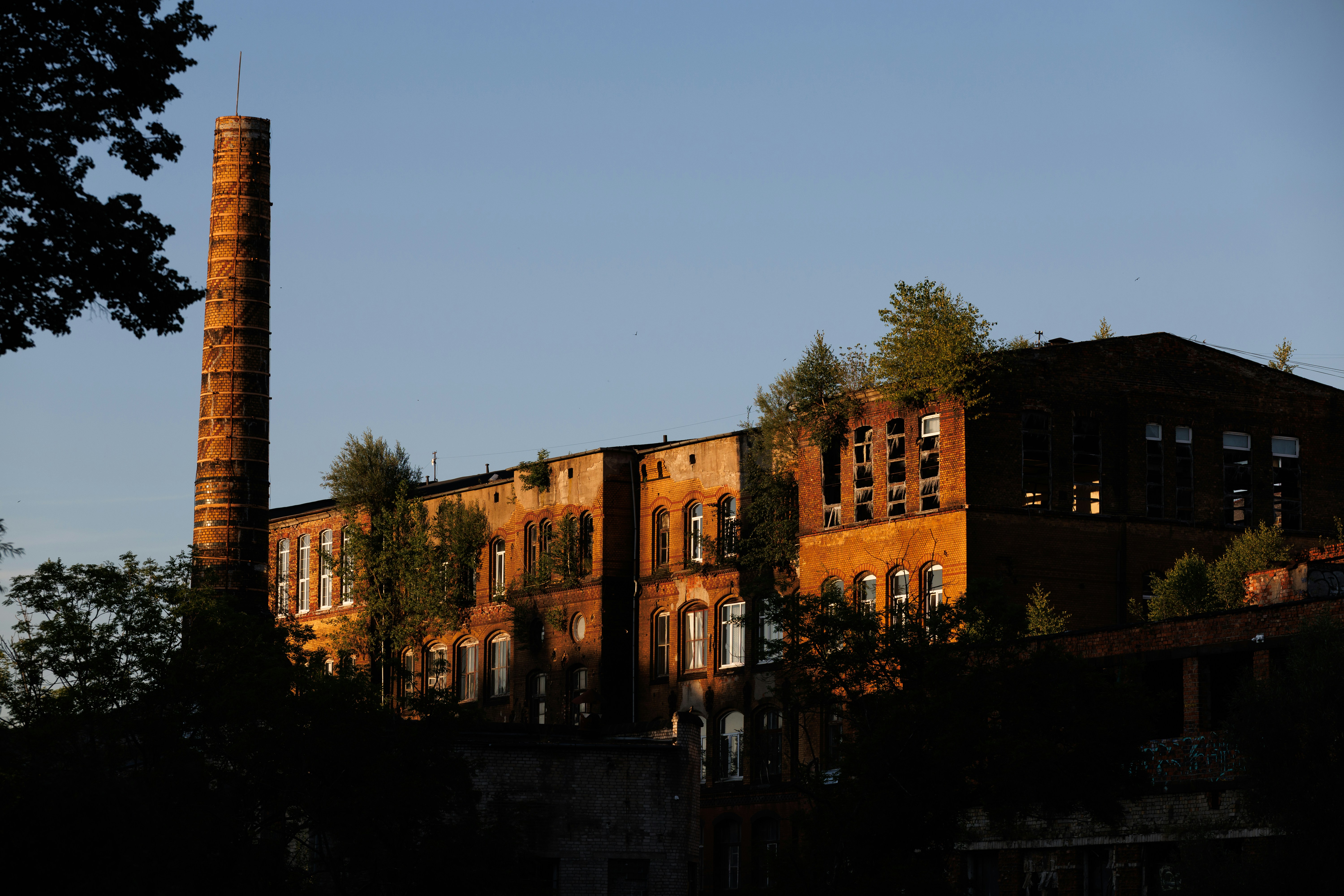 Sunlit Brickworks: An Abandoned Factory Basking in Evening Light