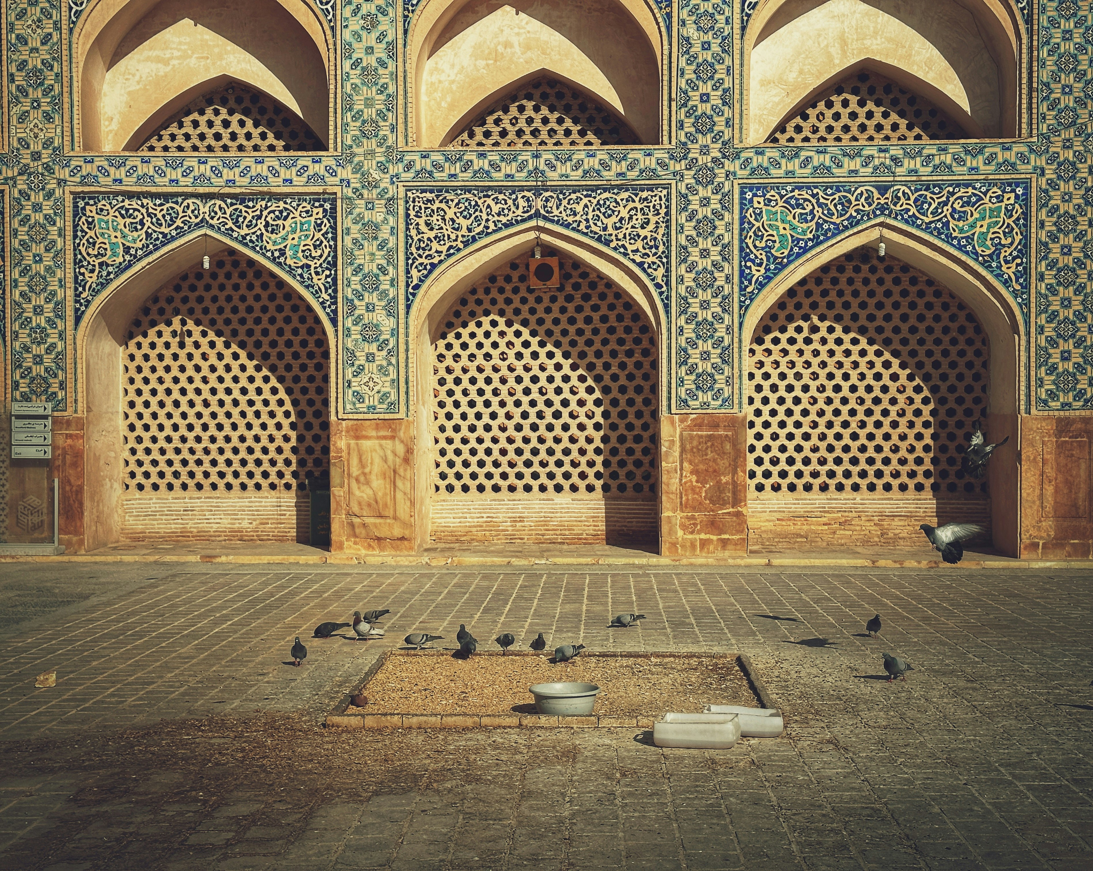 Archive of Arches: pigeons at the sunlit courtyard