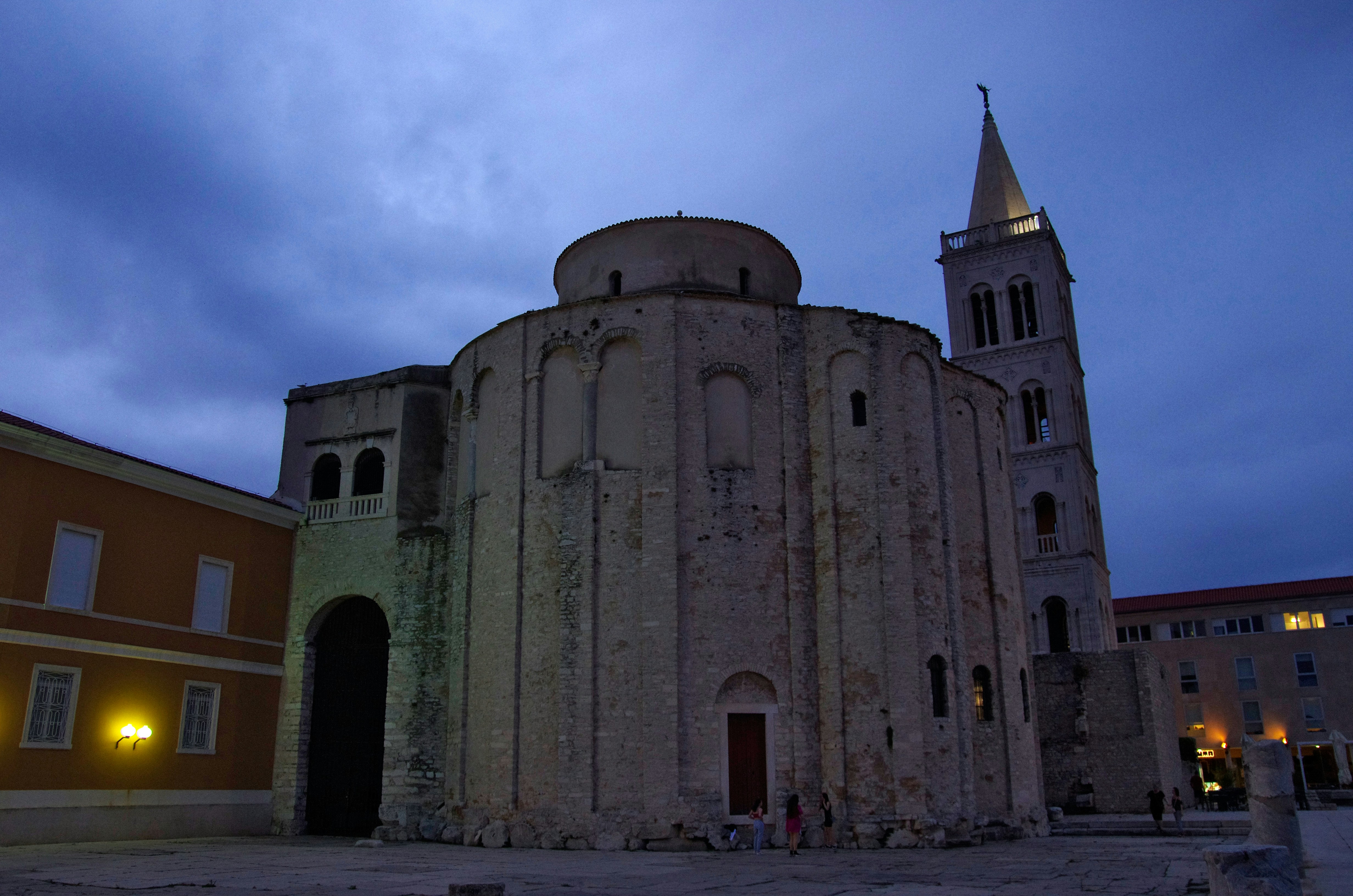 twilight silhouette of a medieval church against a cobalt sky