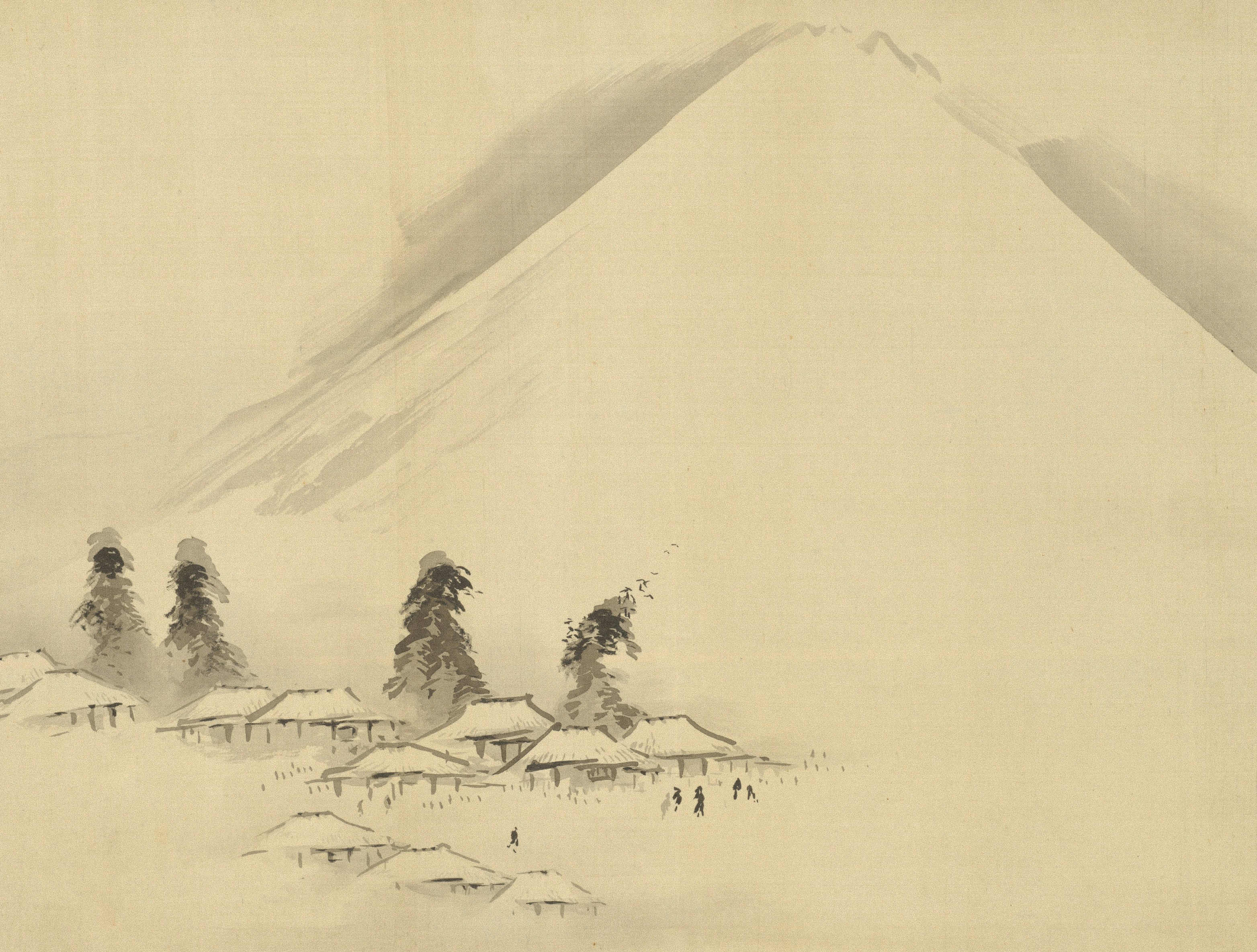 Monochrome ink-style village scene with smoke-free cottages nestled at the foot of a towering, snow-tinged peak; soft trees and clustered figures add depth. A serene traditional landscape composition.