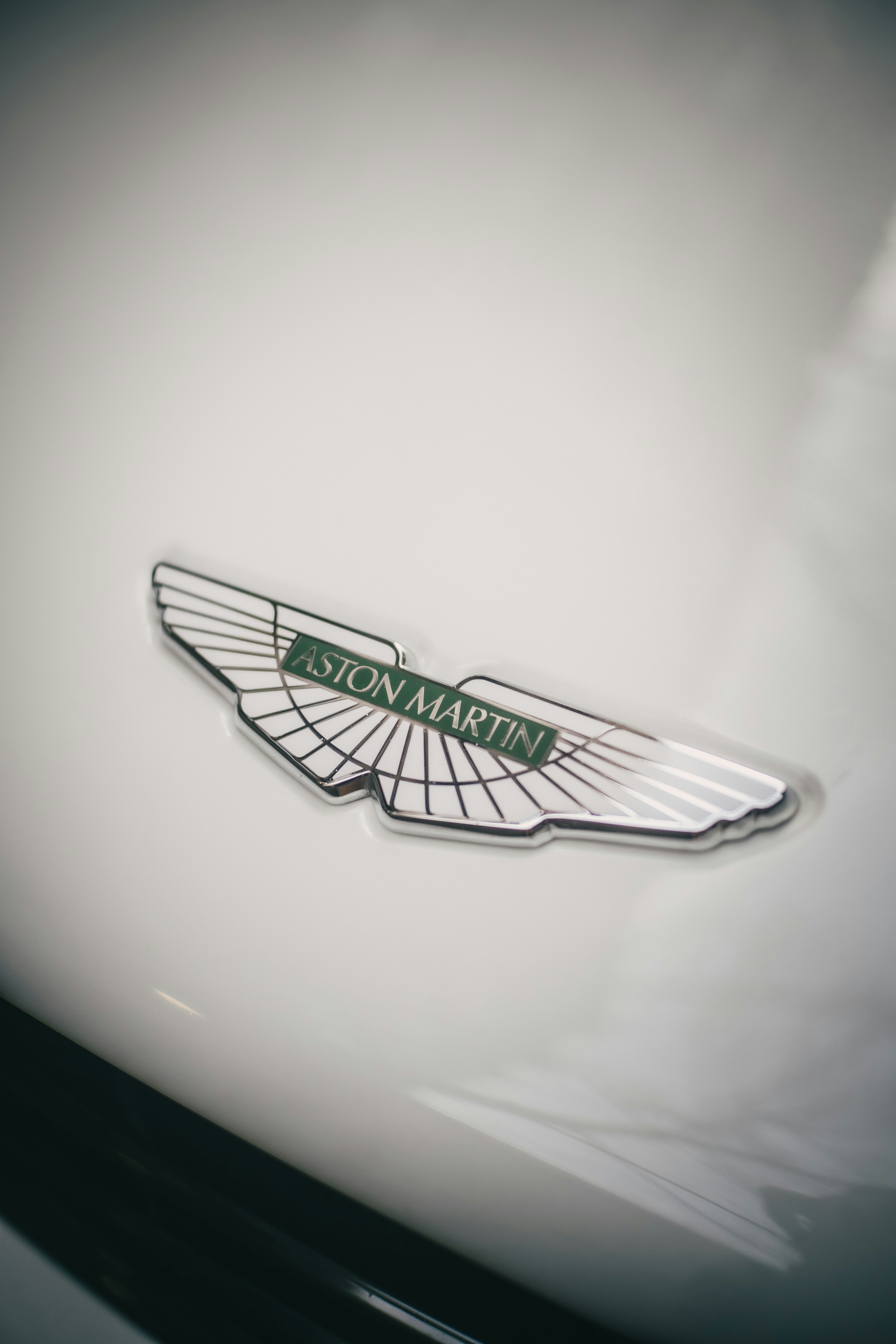Winged Emblem: The Aston Martin Crest on Glossy White Surface