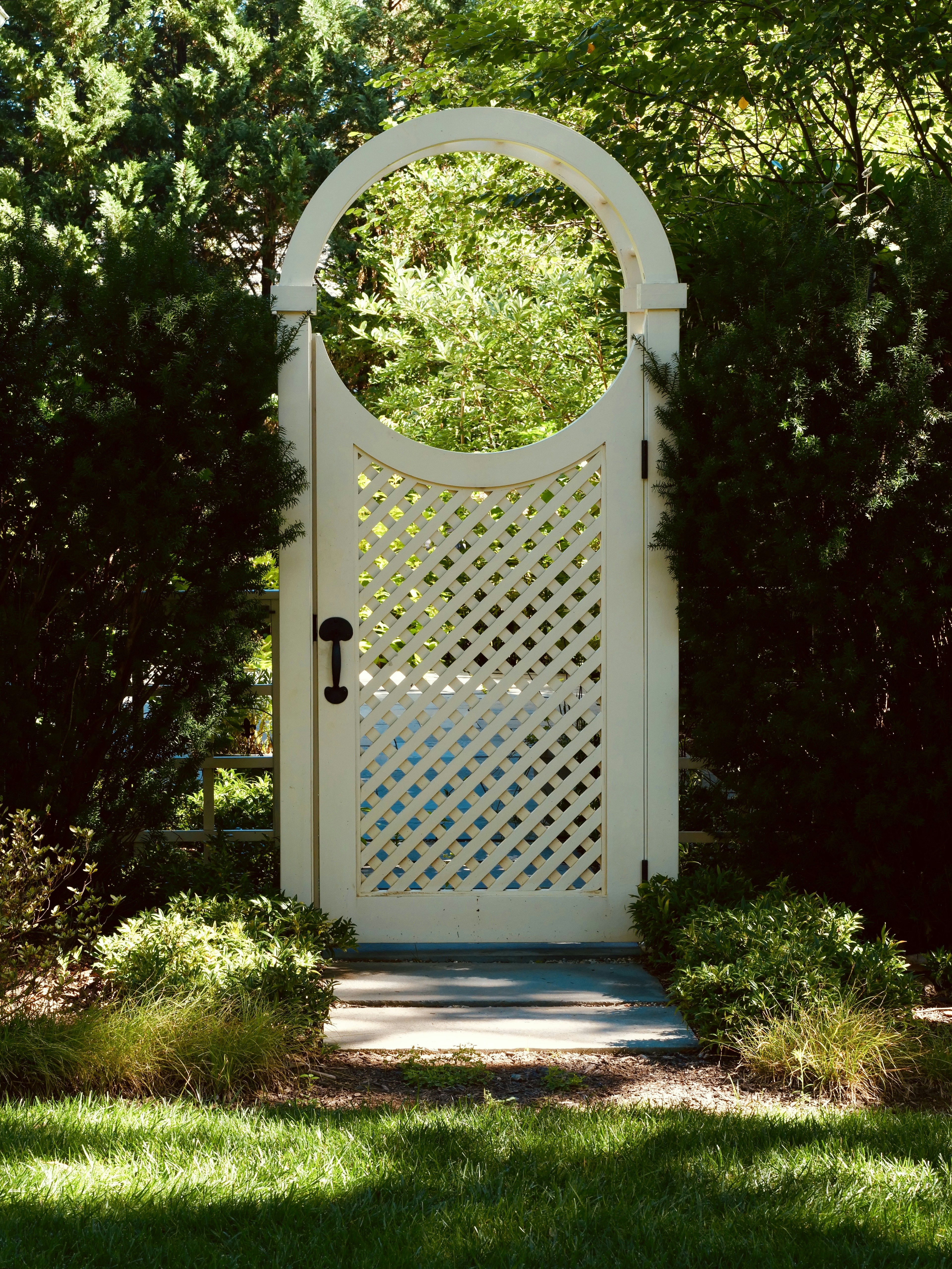 White lattice archway framed by evergreen hedges in a sunlit garden