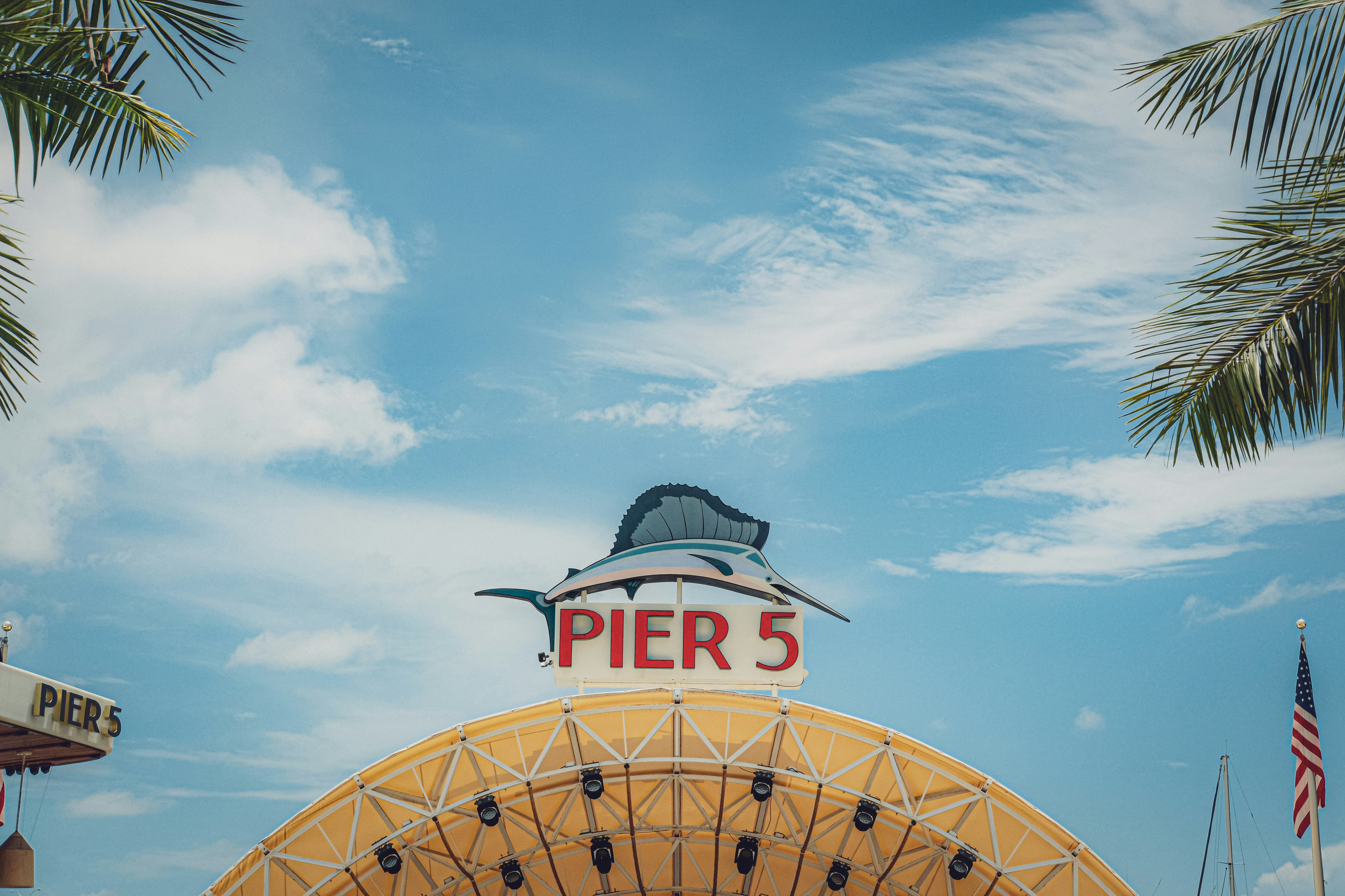 Pier Five Sign Illuminated by a Palm-Fringed Sky