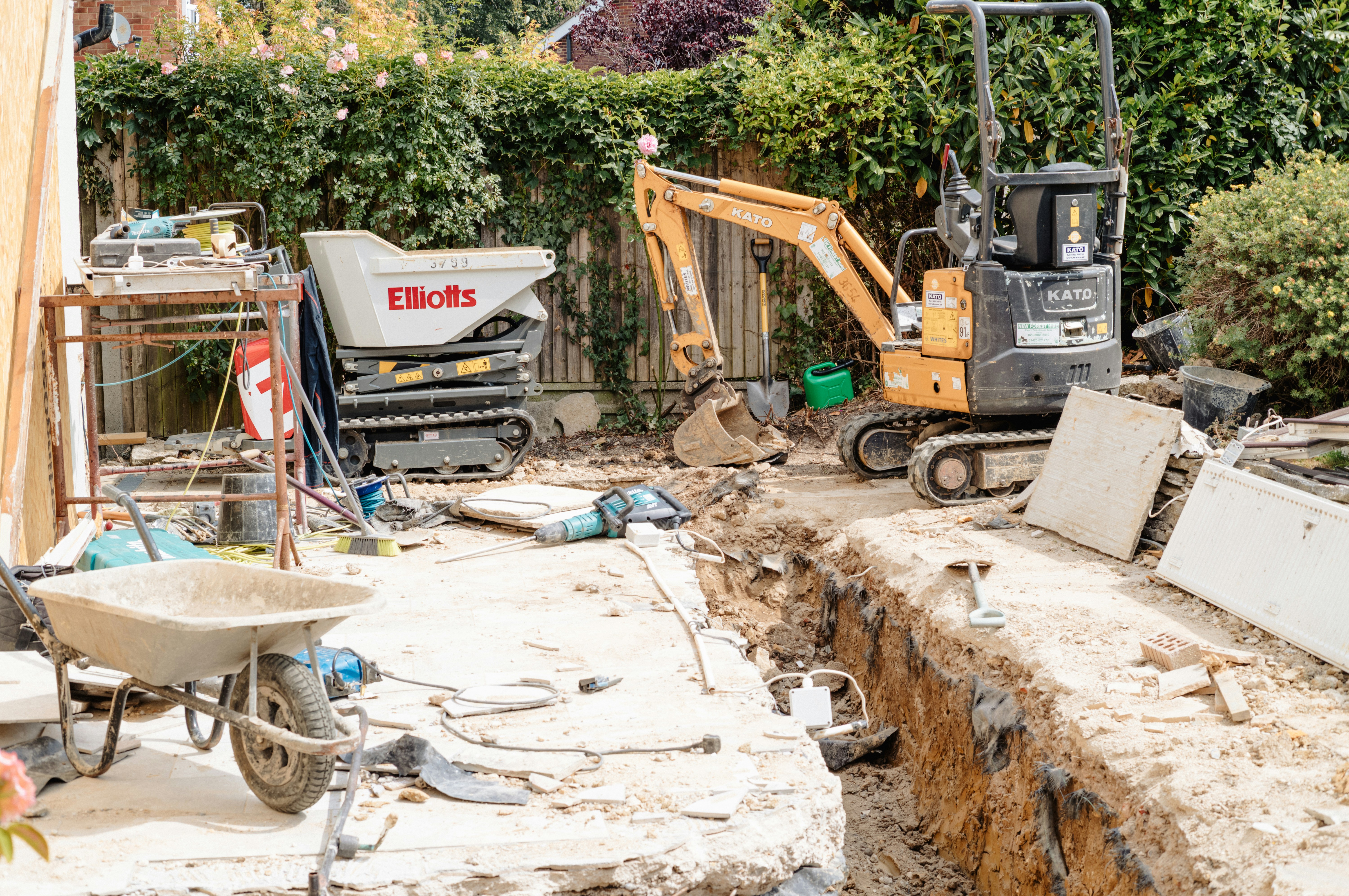 Earthy Excavation: Construction Scene with Excavator and Tools at Dusk