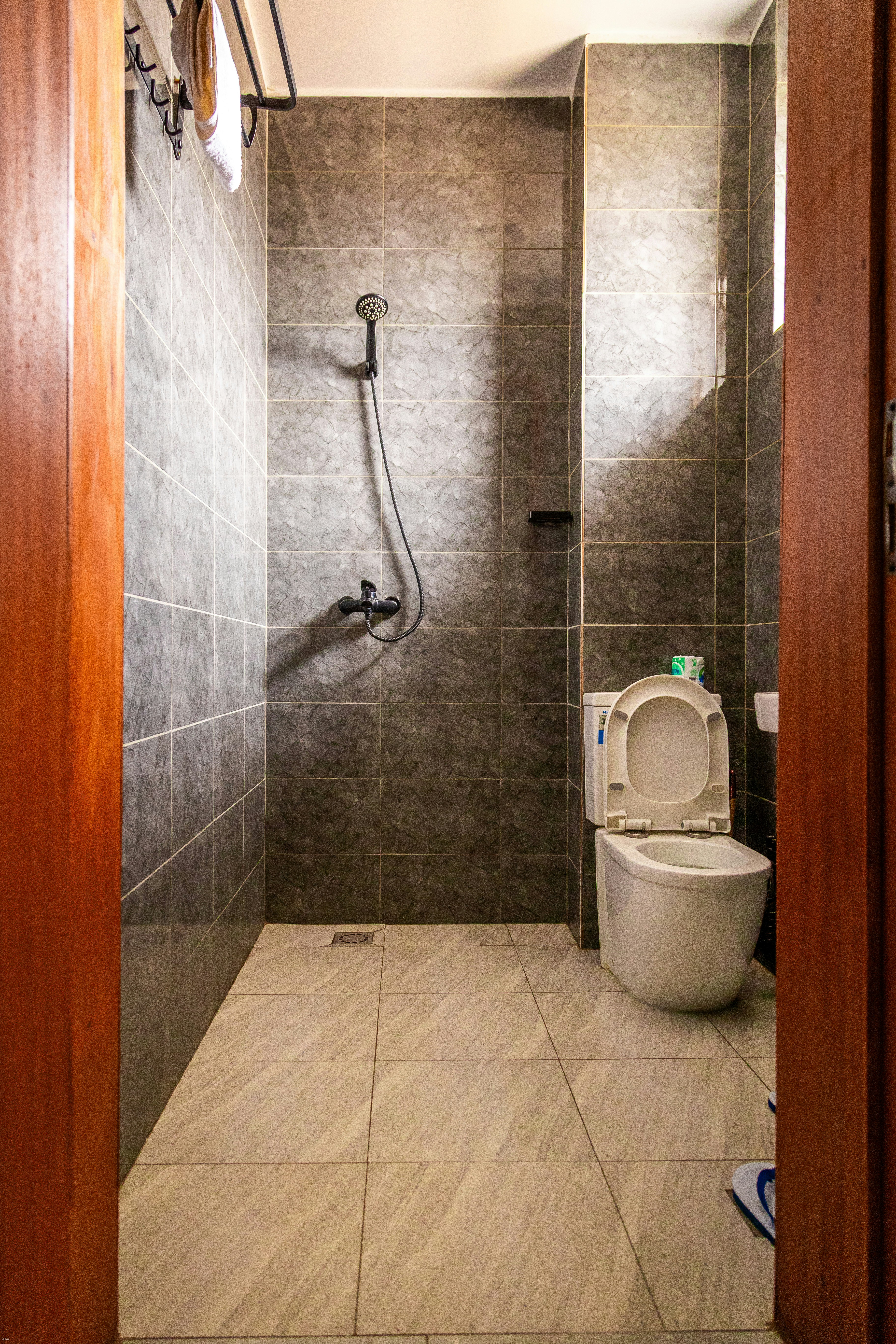 Sparse Shower Room: A Minimal Bathroom with a Wall-Tiled Shower and Open Toilet