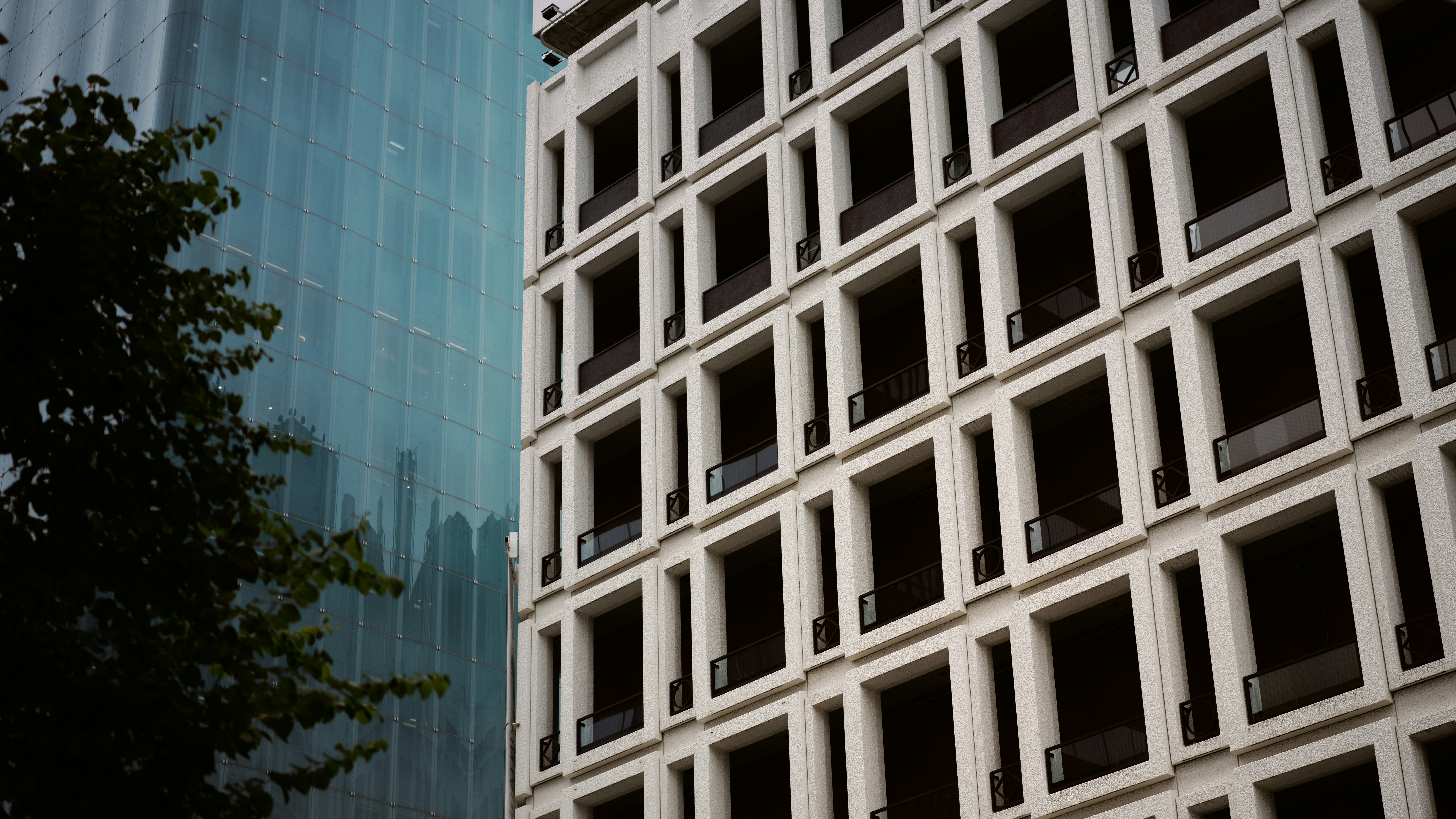 Grid of Shadows: A Modern Concrete Facade Reaching for the Sky