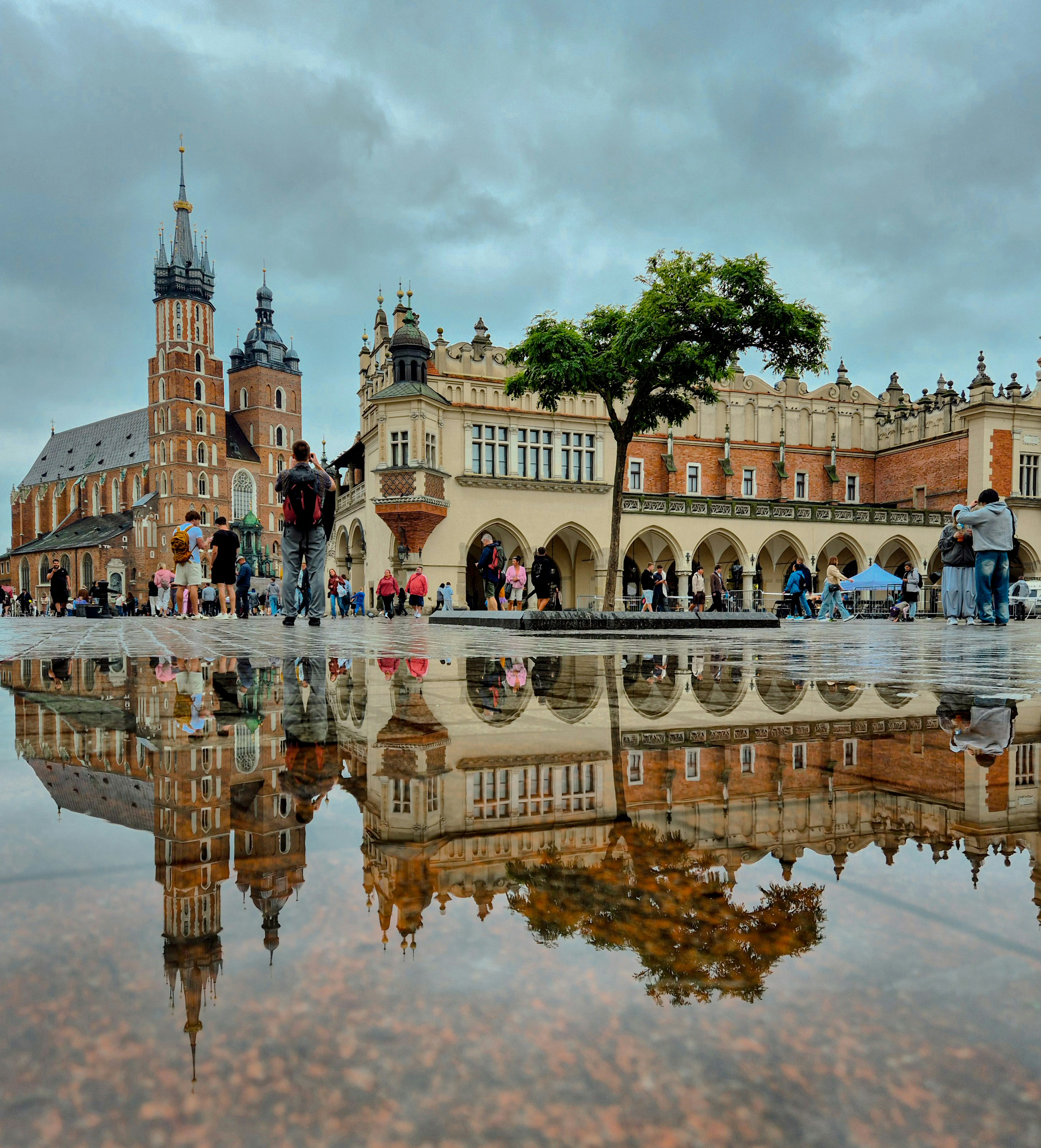 Sunlit Cloth Hall Reflections: A City Square in Still Water