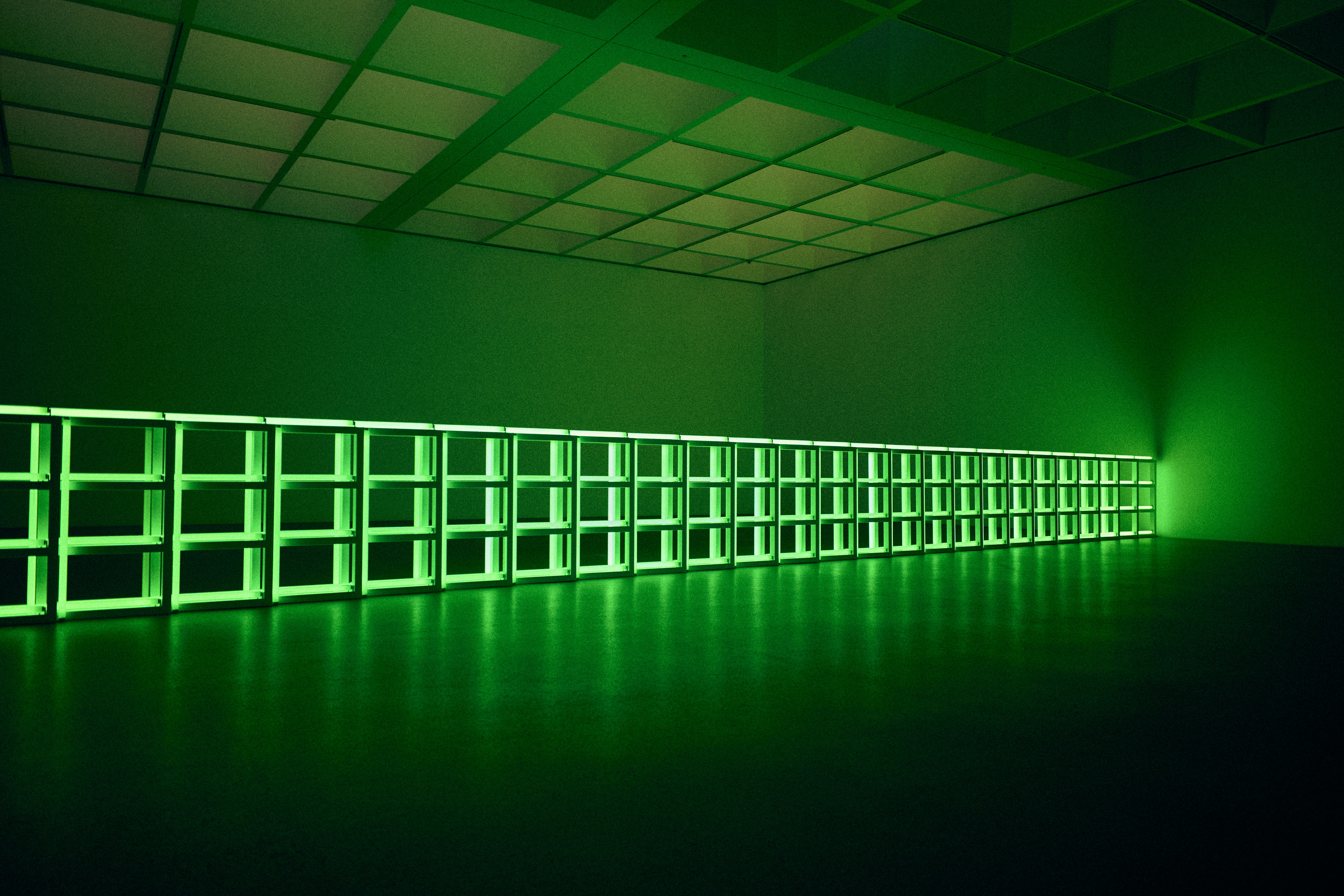 Neon Corridor of green racks under a grid ceiling